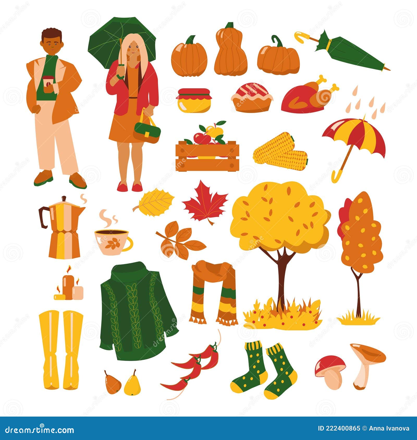 Set of Autumn Items on White Background Fall Season Illustrations Stock ...