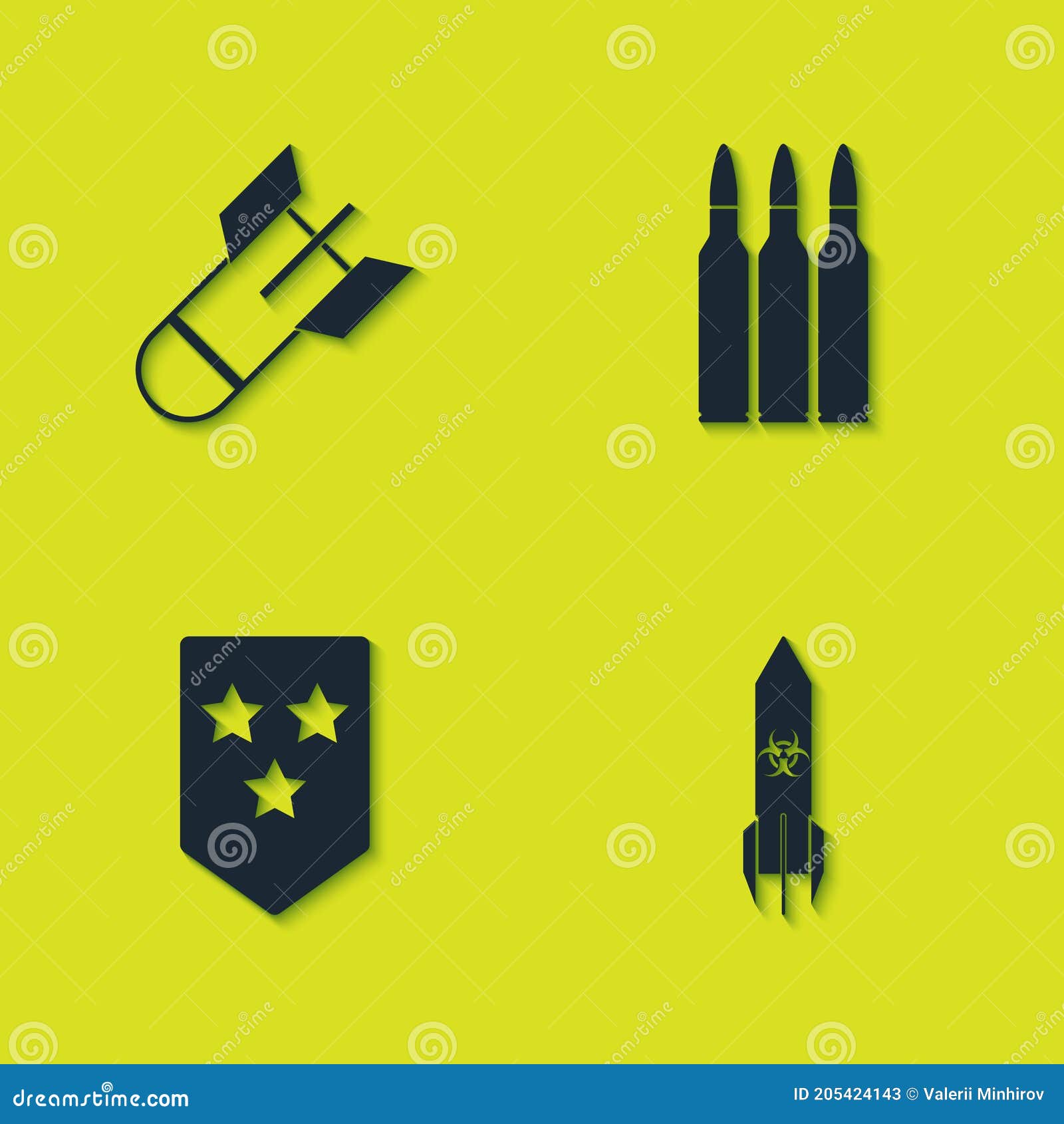 Set Aviation Bomb, Biohazard Rocket, Chevron and Bullet Icon. Vector ...