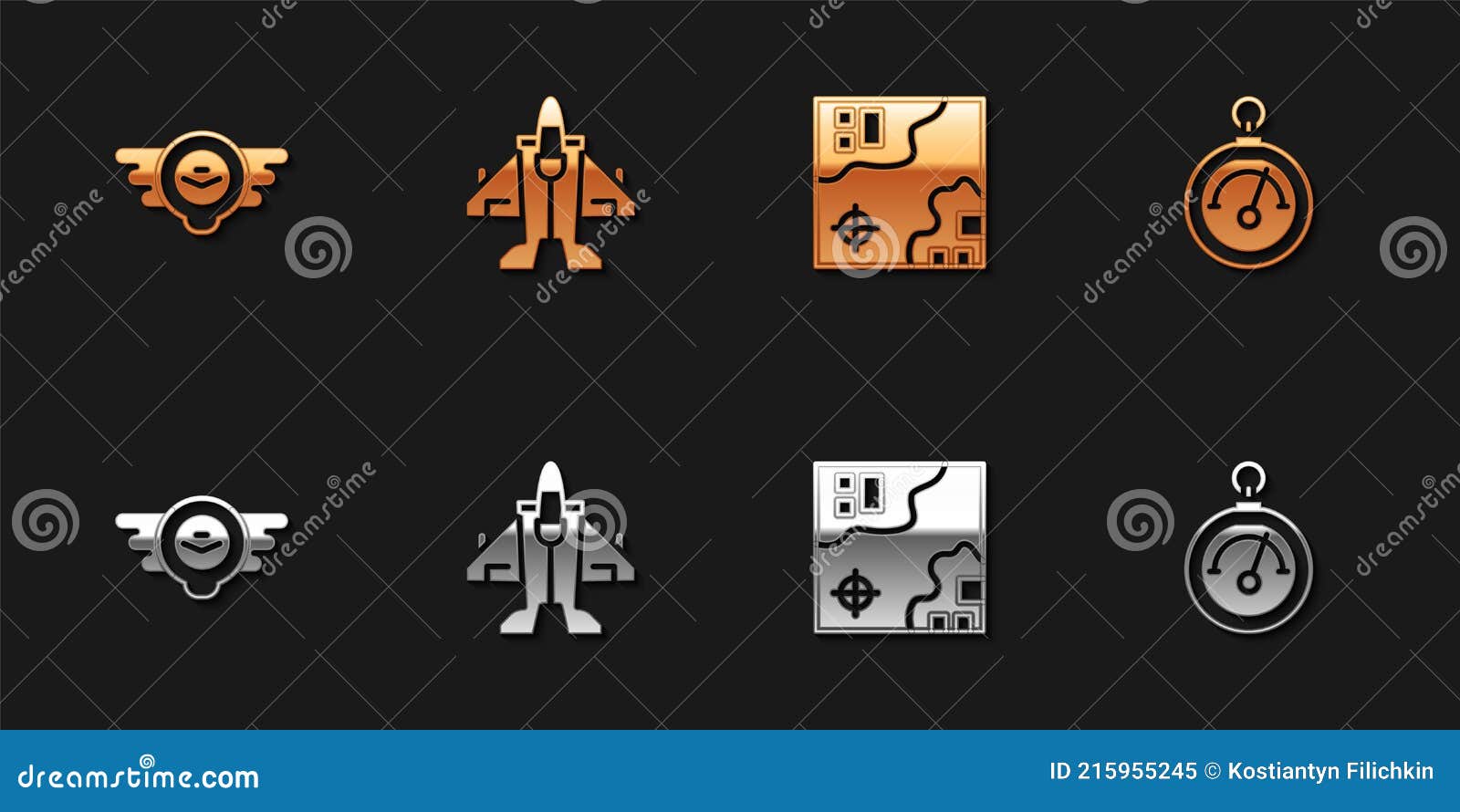 Set Aviation Emblem, Jet Fighter, World Travel Map and Barometer Icon ...