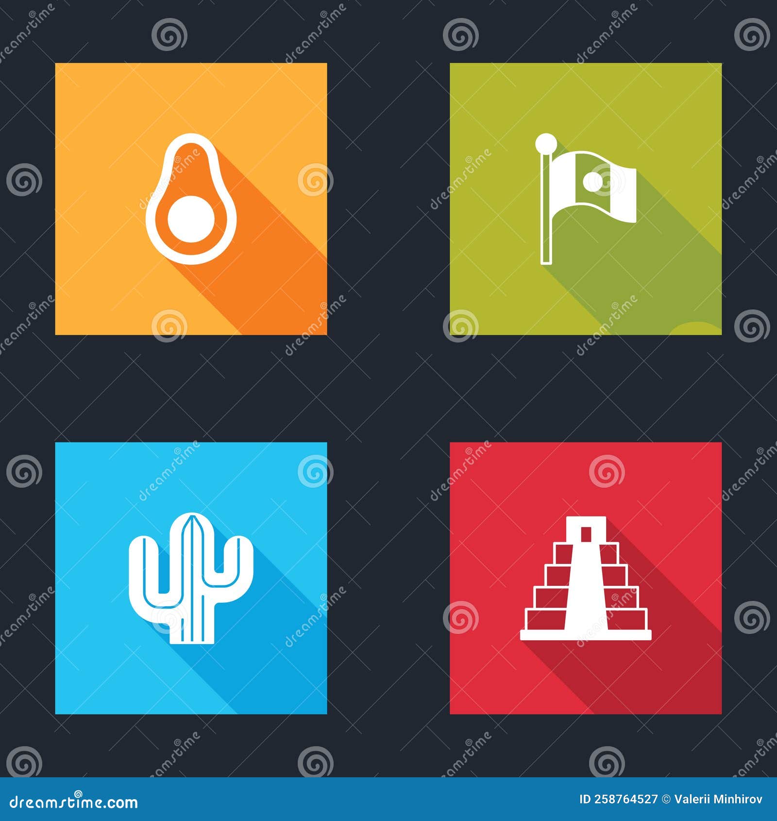 Set Avocado Fruit, Mexico Flag, Cactus and Chichen Itza in Mayan Icon ...