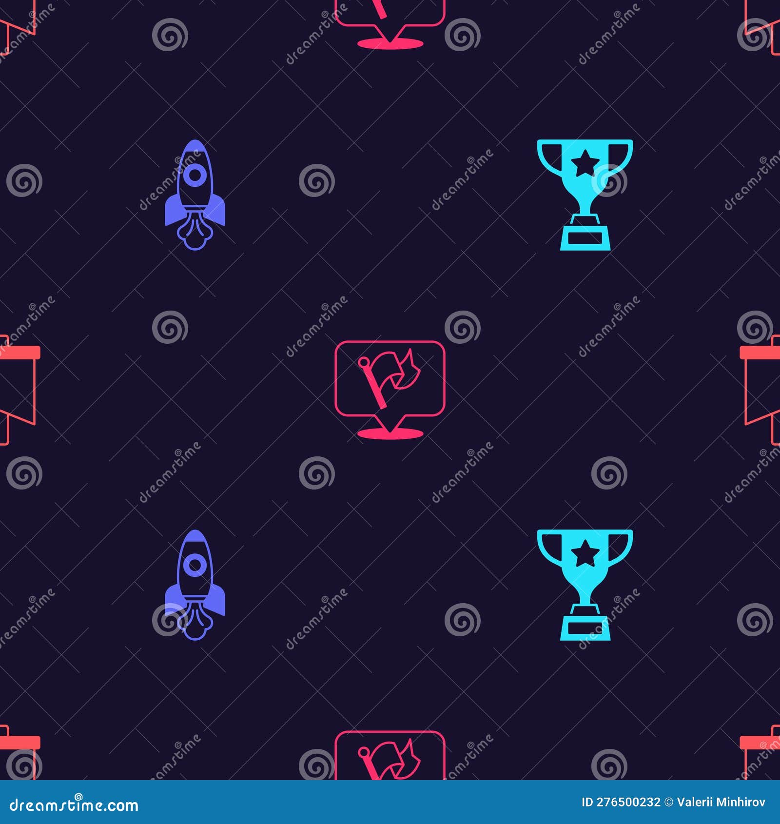 Set Award Cup, Rocket Ship, Flag and on Seamless Pattern. Vector Stock ...