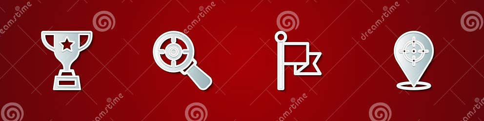 Set Award Cup, Target with Magnifying Glass, Flag and Icon. Vector ...