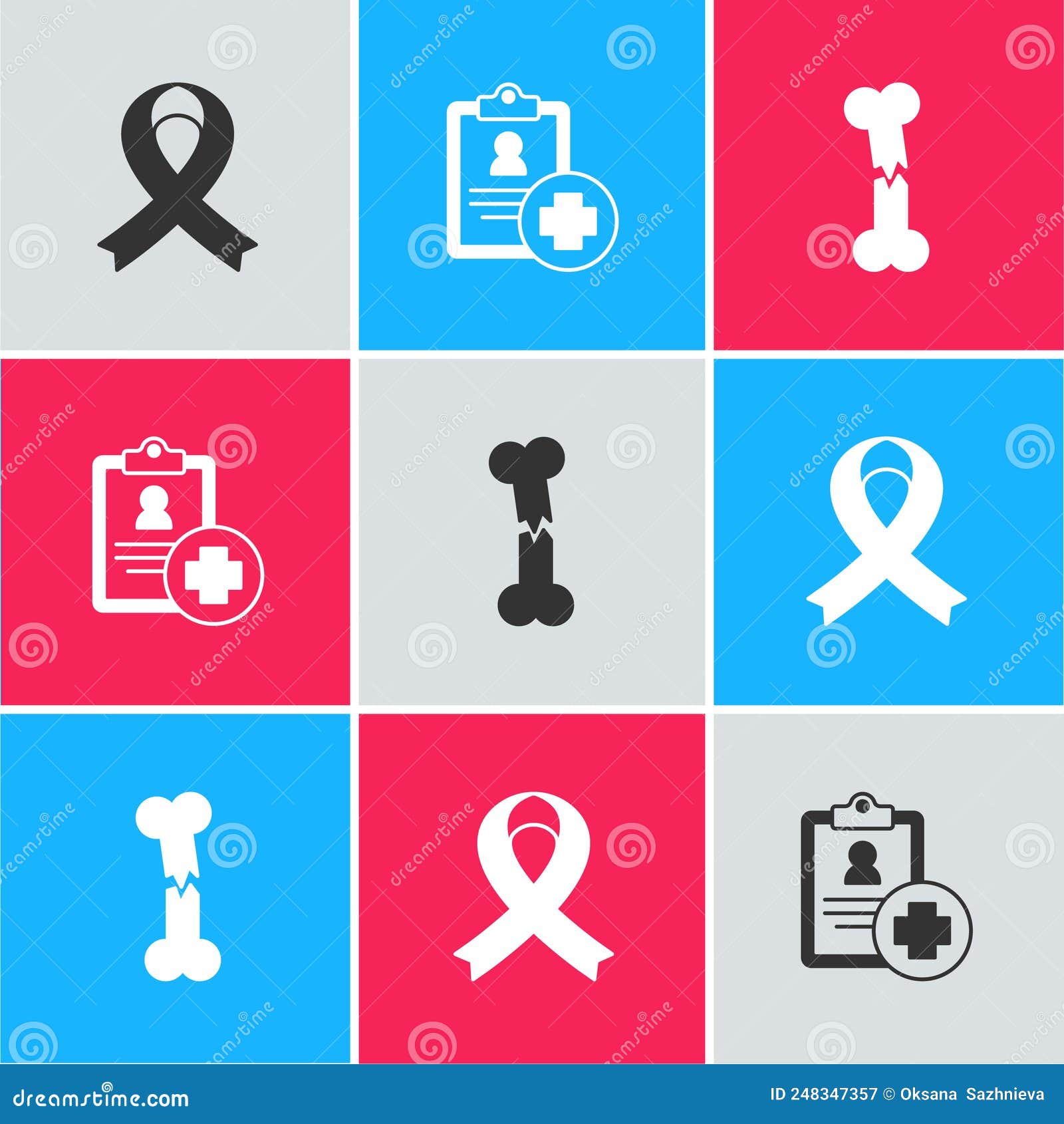 Set Awareness Ribbon, Patient Record and Human Broken Bone Icon. Vector ...