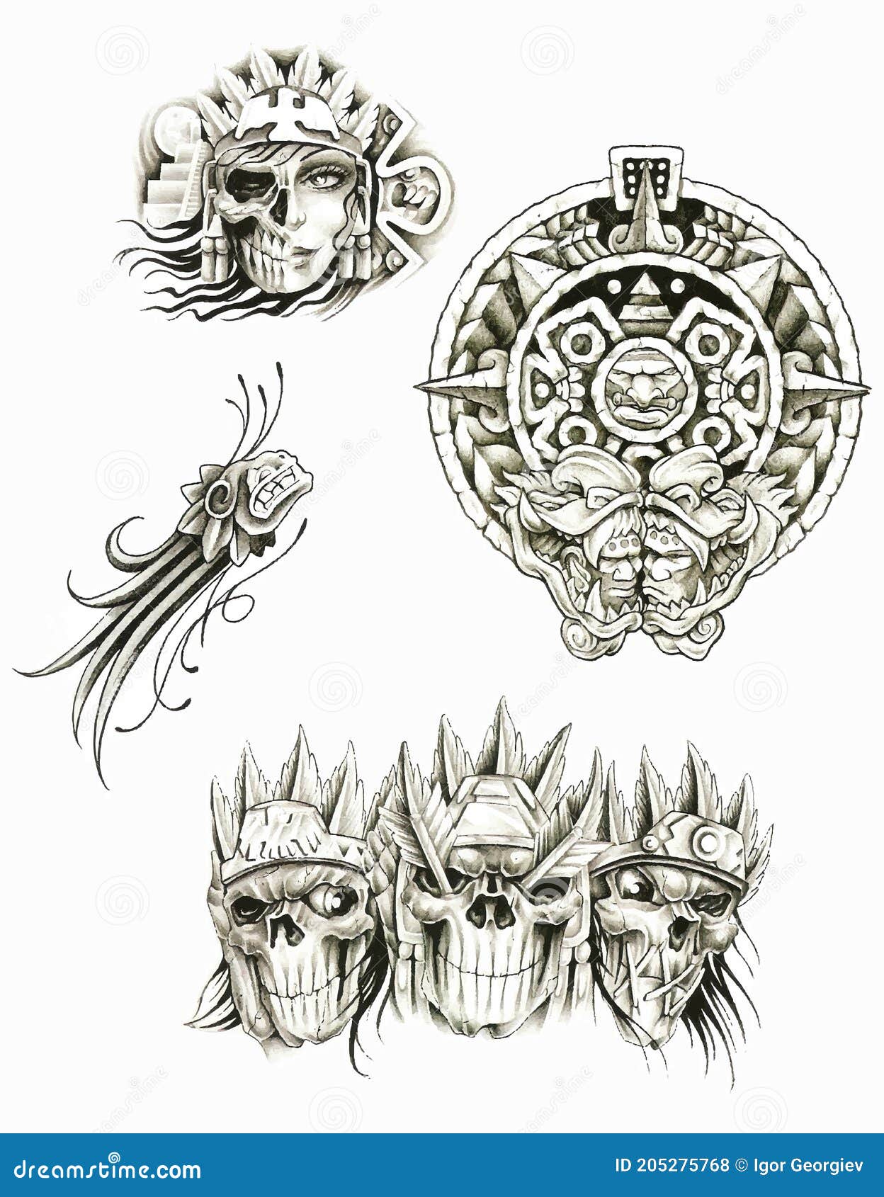 Ancient Mexican Tattoo. Set of Aztec Labels and Elements. Vector Set ...