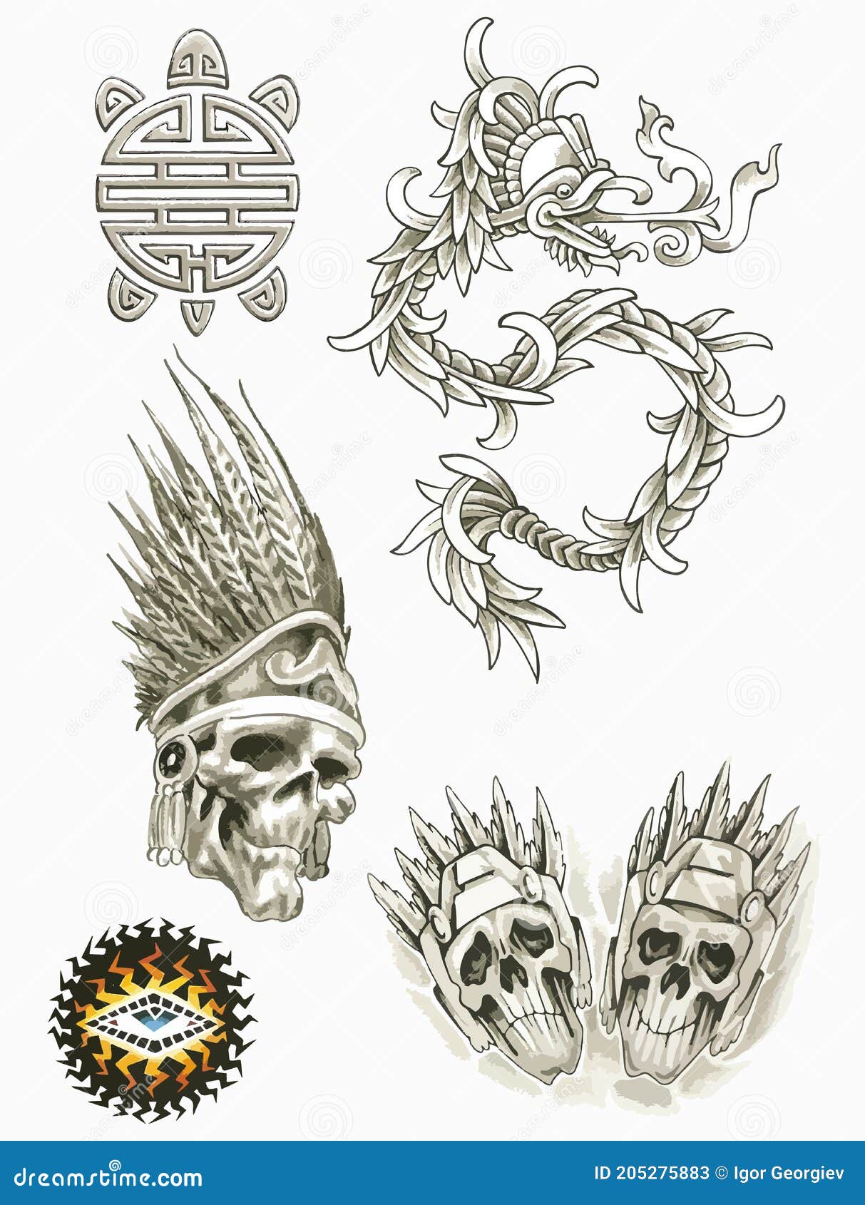 Ancient Mexican Tattoo. Set of Aztec Labels and Elements. Vector Set ...