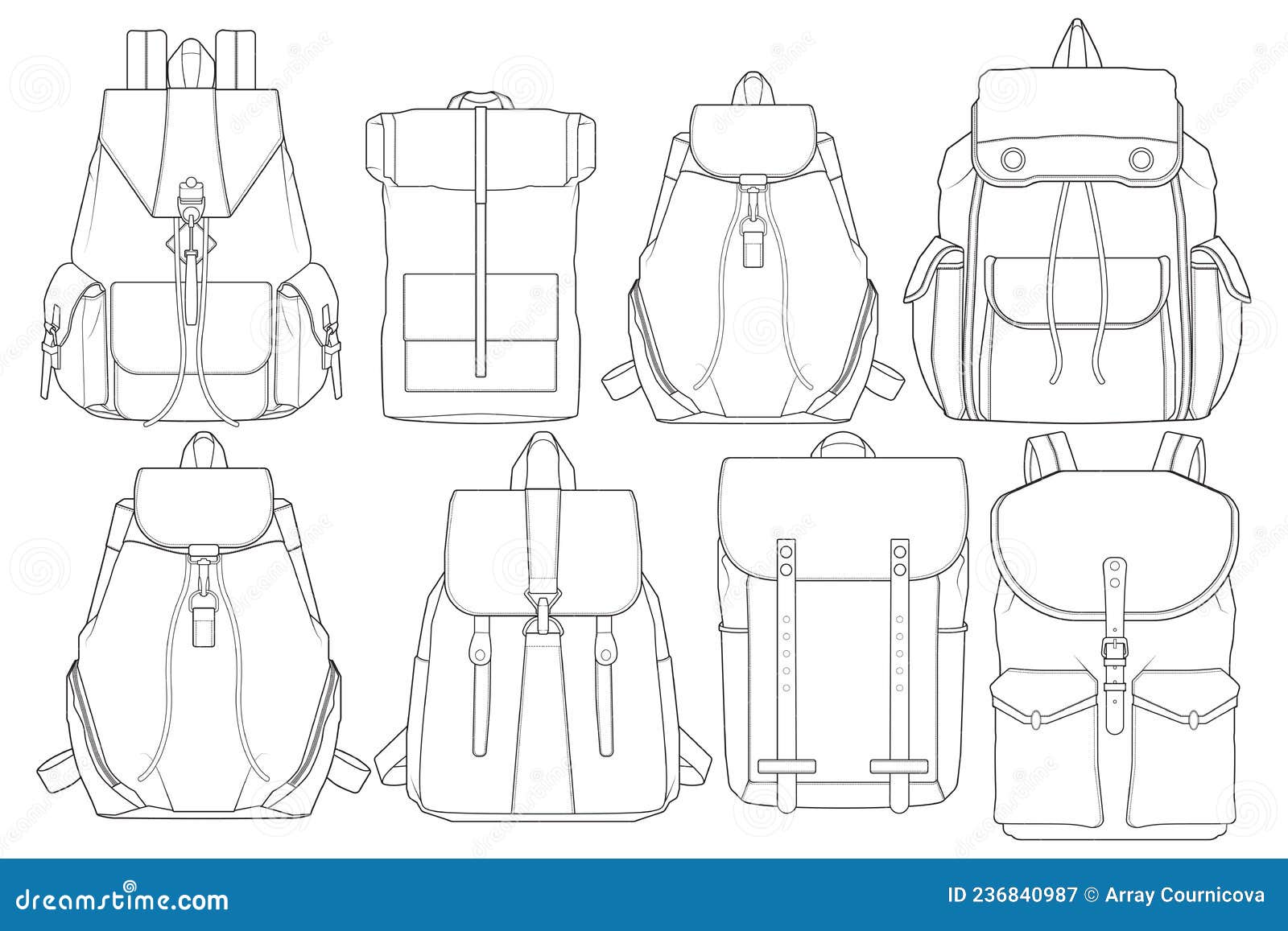Set of Backpack Outline Drawing Vector, Set of Backpack in a Sketch ...