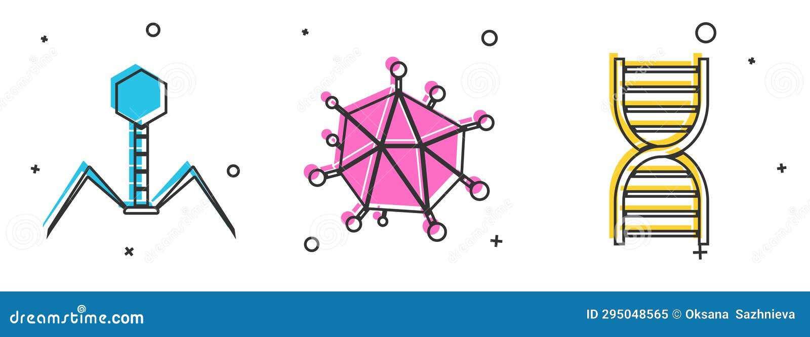 Set Bacteria Bacteriophage, Virus And DNA Symbol Icon. Vector Royalty ...