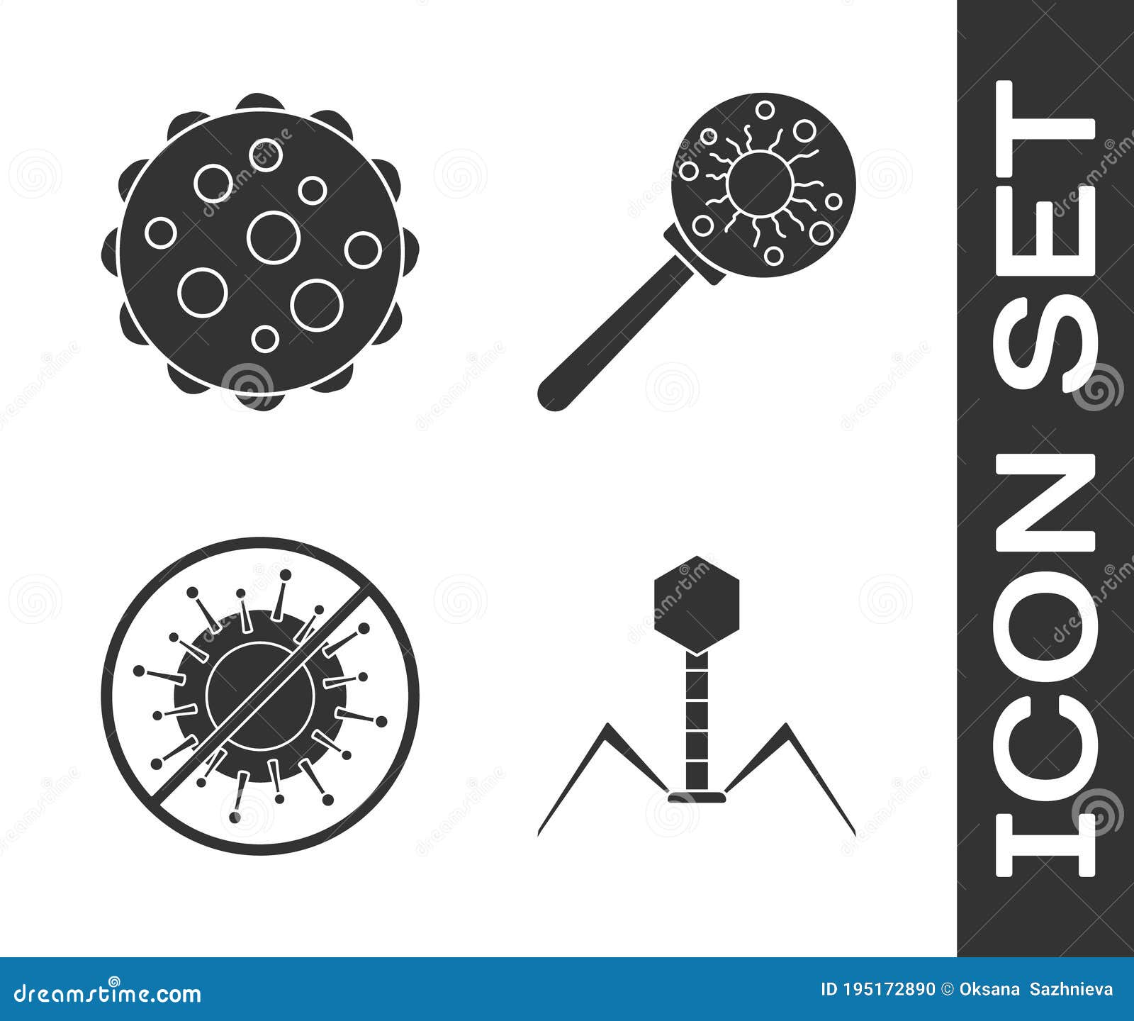 Set Bacteria Bacteriophage, Virus And DNA Symbol Icon. Vector Royalty ...