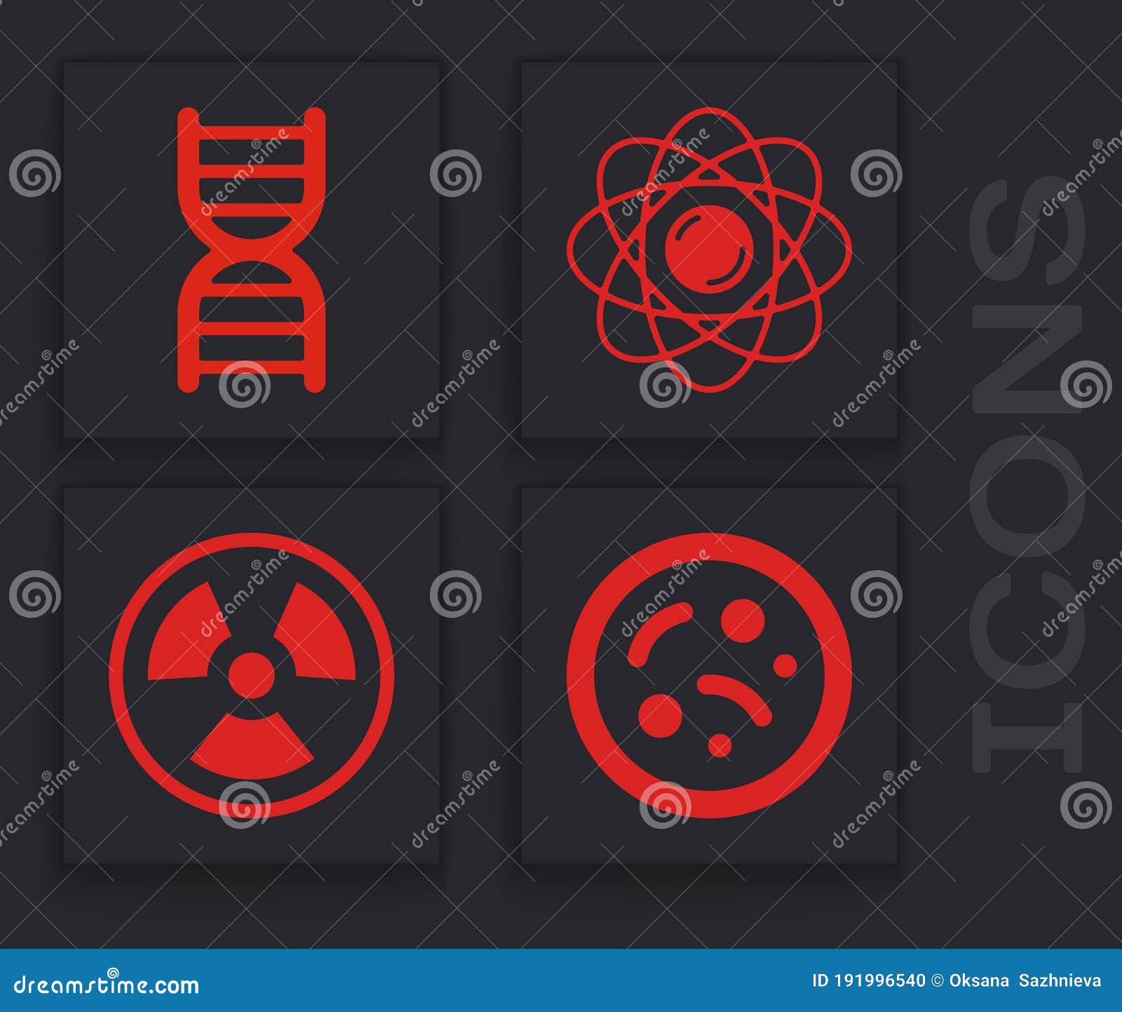 Set Bacteria, DNA Symbol, Atom and Radioactive Icon. Vector Stock ...