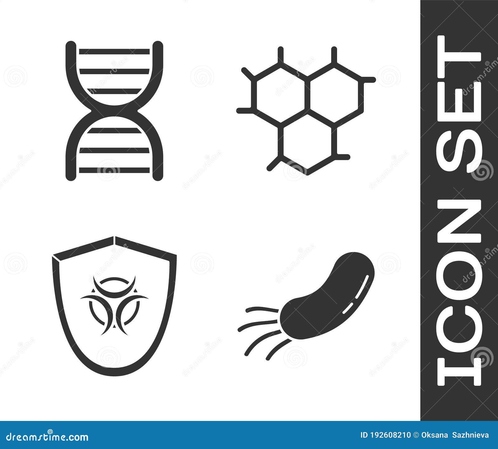 Set Bacteria, DNA Symbol, Biohazard Symbol on Shield and Chemical ...