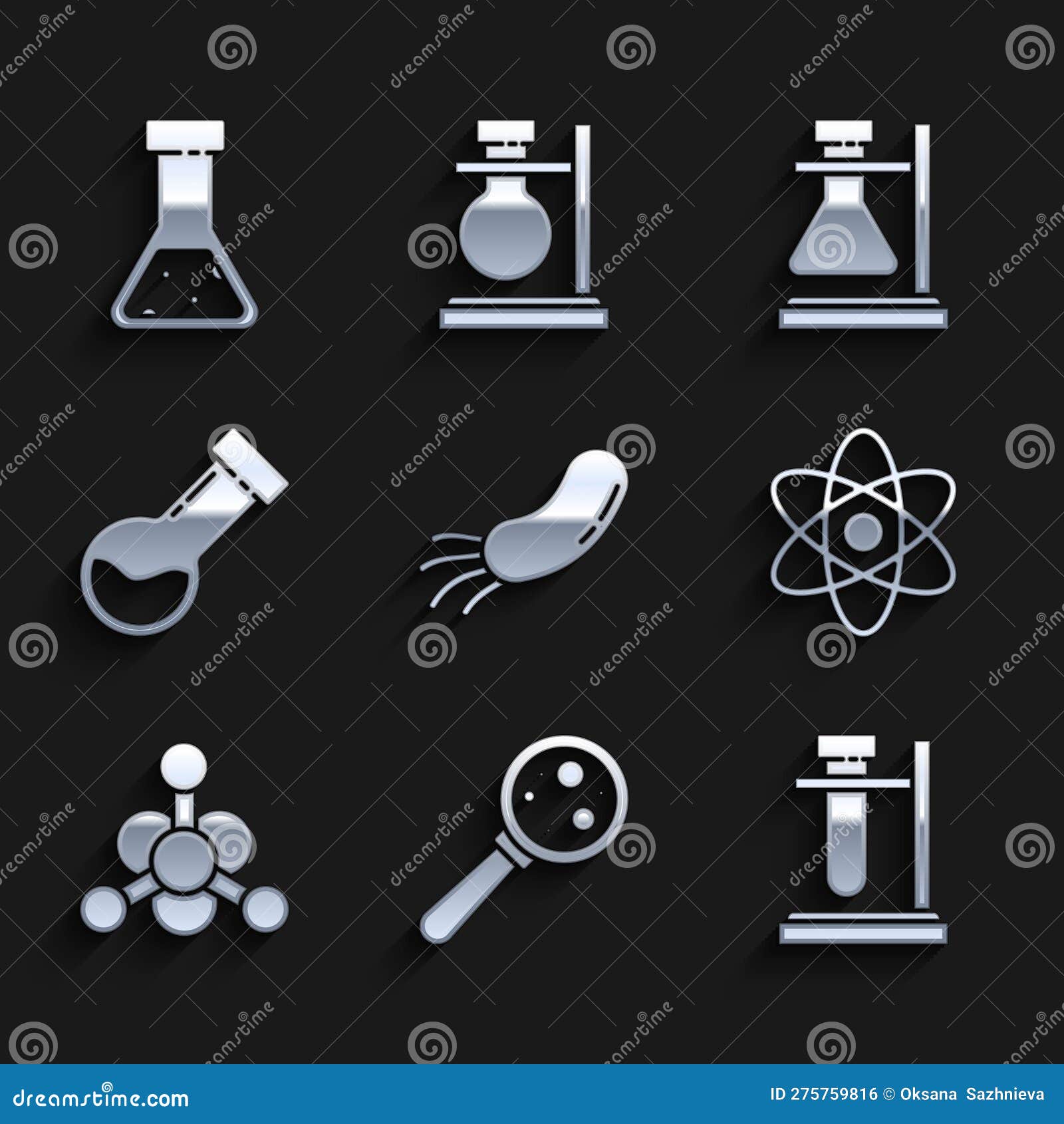 Set Bacteria, Microorganisms Under Magnifier, Test Tube Flask on Stand ... Set Bacteria, Microorganisms Under Magnifier, Test Tube Flask on Stand ...