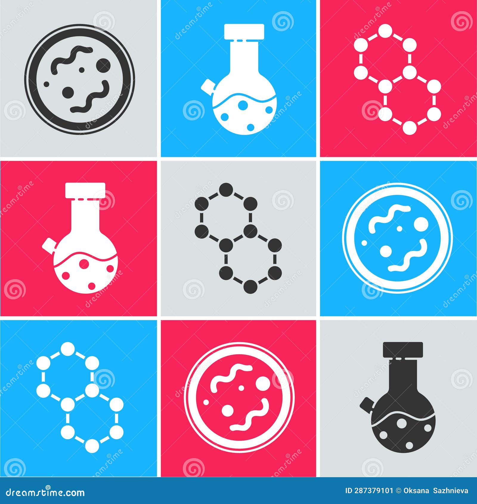 Set Bacteria, Test Tube and Flask Chemical and Molecule Icon. Vector ...