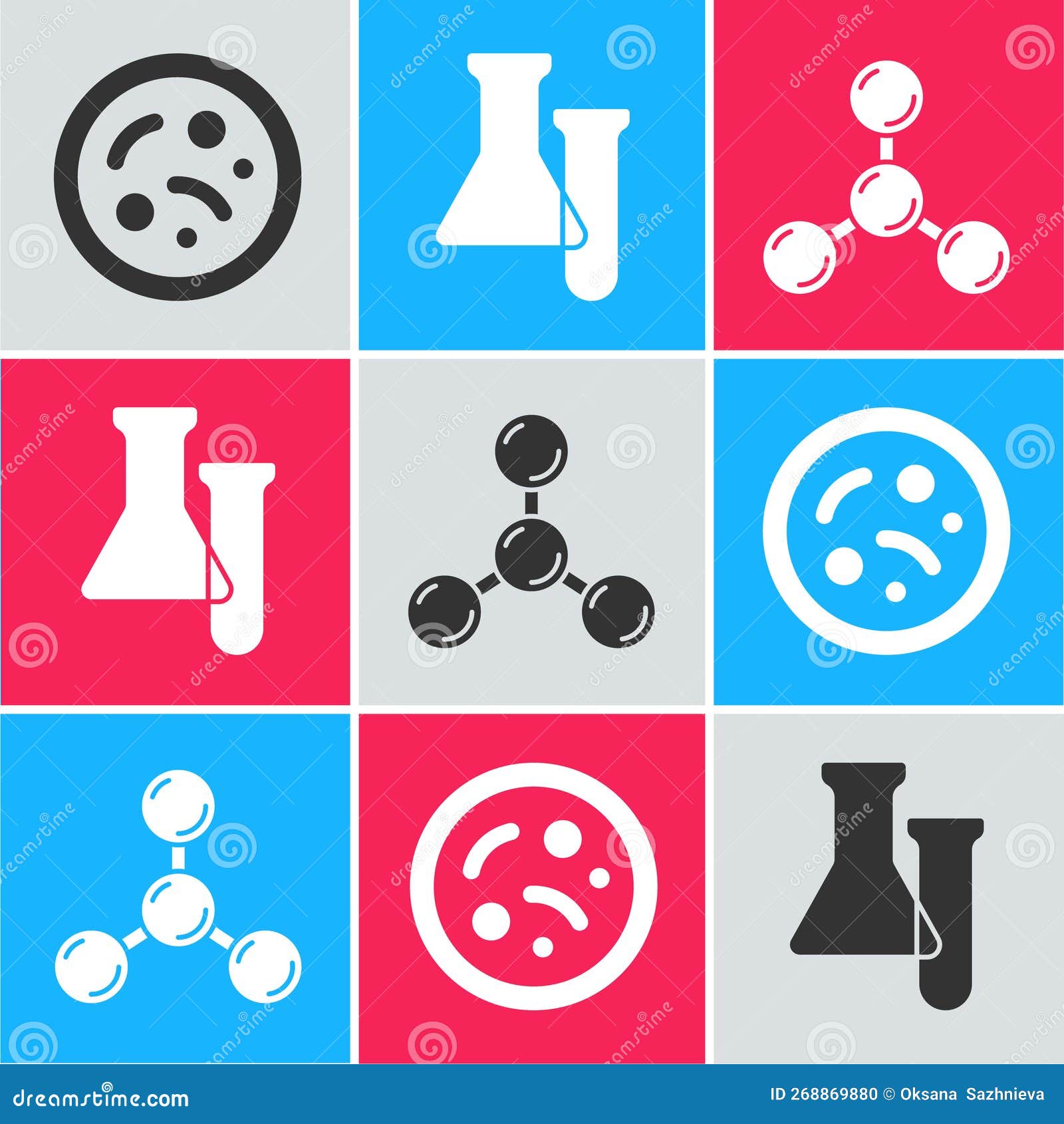 Set Bacteria, Test Tube and Flask and Molecule Icon. Vector Stock ...