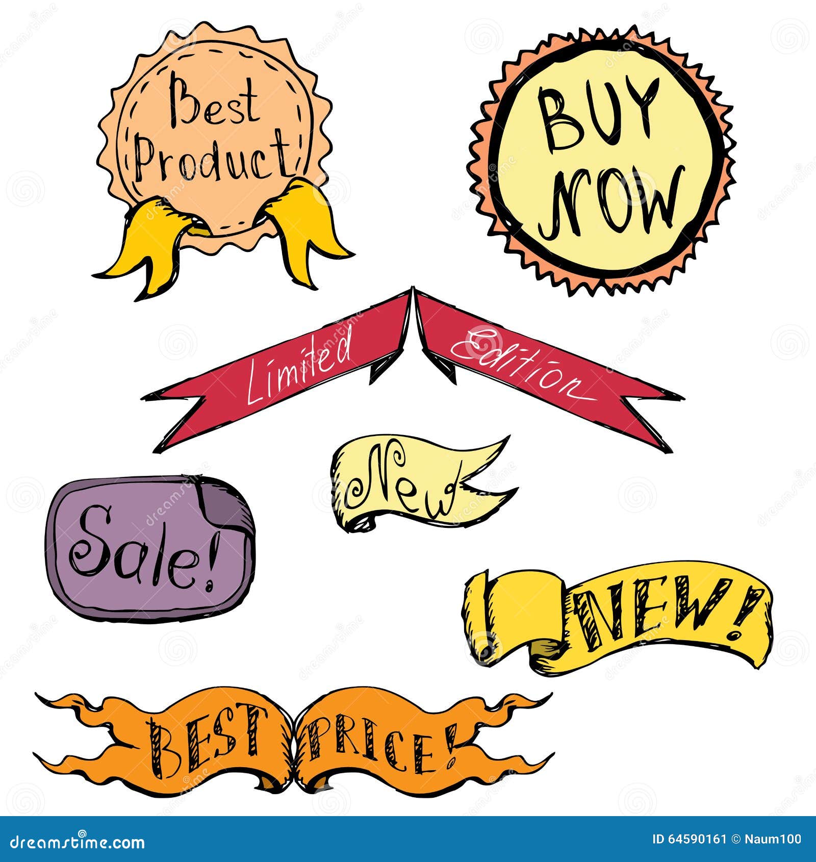Set of Badge, Label, Ribbon Doodle, Hand Drawing Stock Vector ...