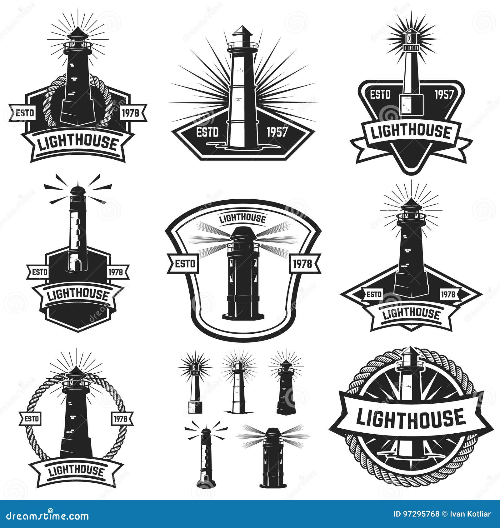 Lighthouses Logo. Nautical Vintage Label, Sea Beacons, Ocean With Waves ...