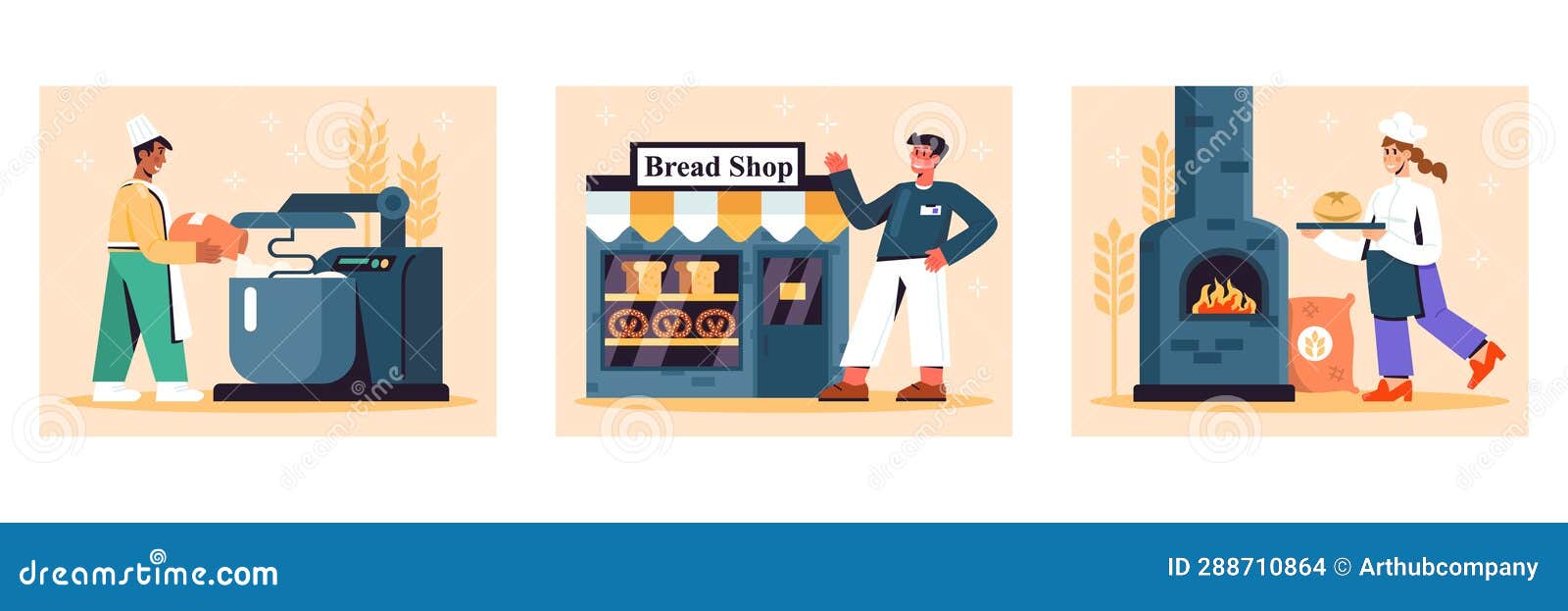 Set of Bakers Working in Kitchen. Bread Baking Industrial Process ...