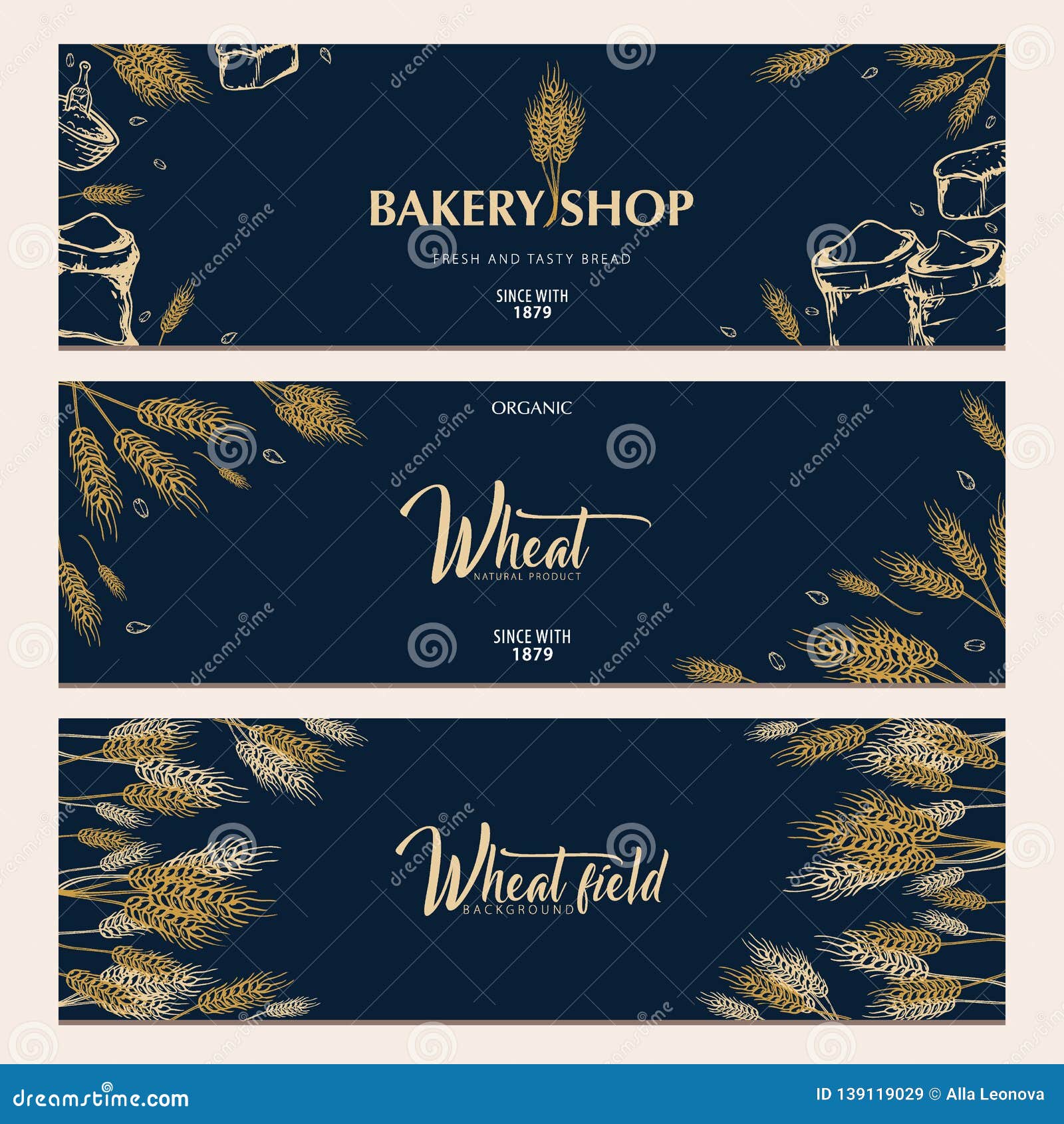 Set Of Bakery Backgrounds With Wheats. Linear Graphic. Bread Banner ...