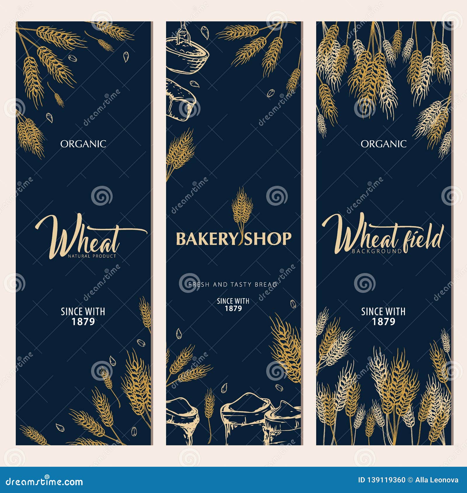 Set of Bakery Backgrounds with Wheats. Linear Graphic. Bread Banner ...