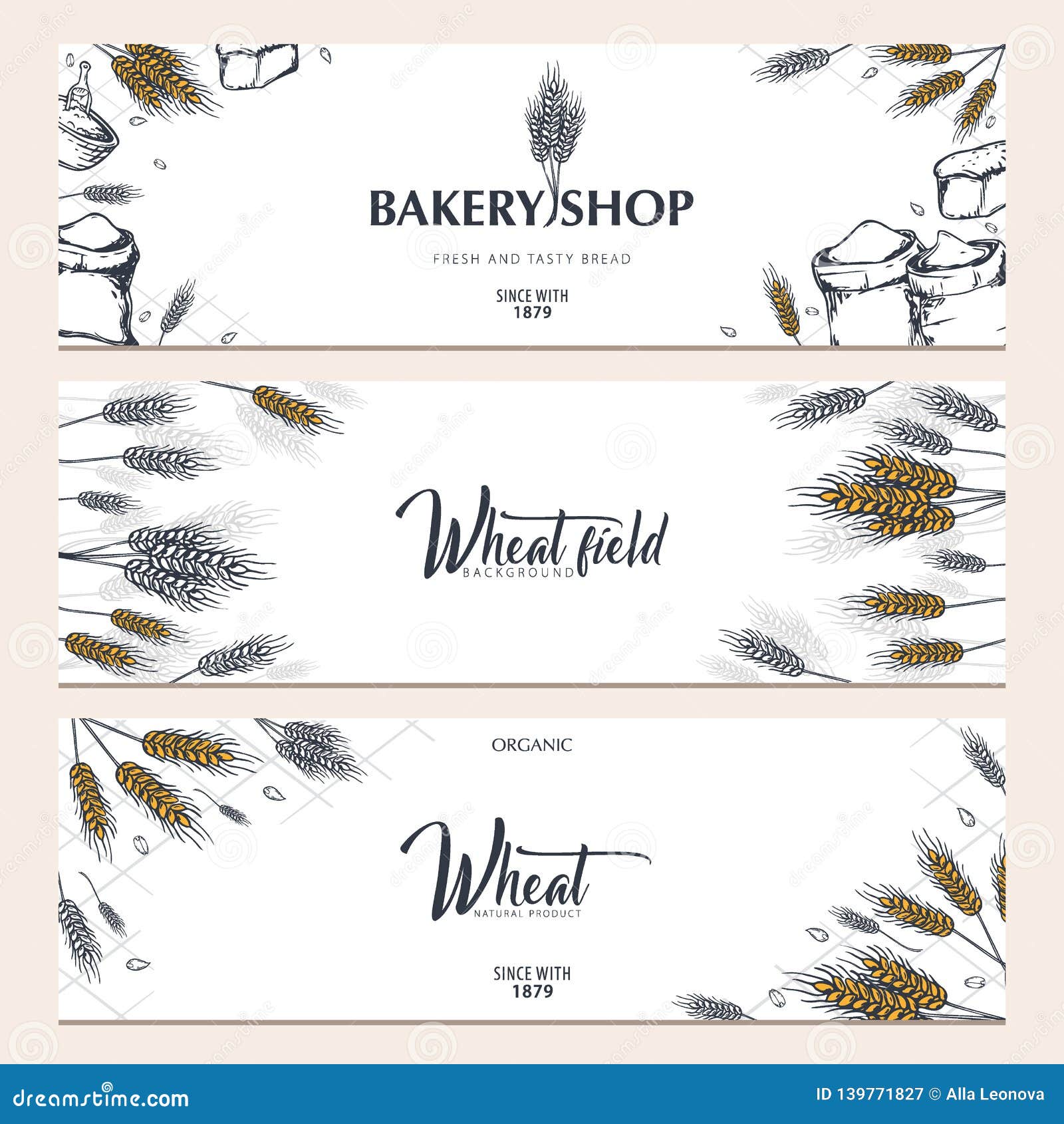 Set of Bakery Backgrounds with Wheats. Linear Graphic. Bread Banner ...