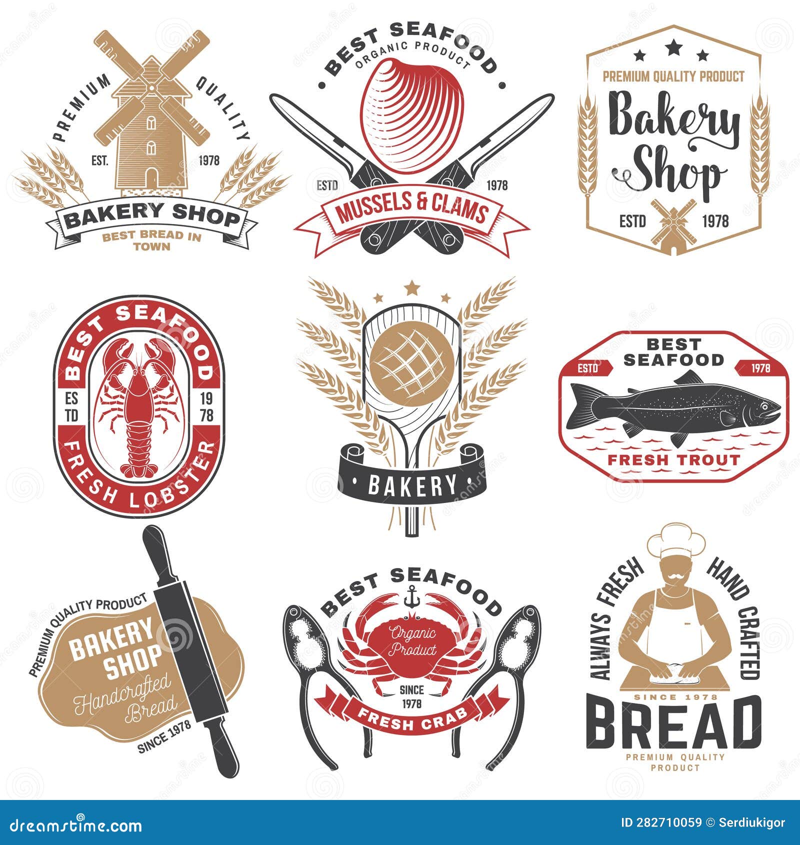 Set of Bakery and Seafood Badges. Vector Stock Image - Image of ...