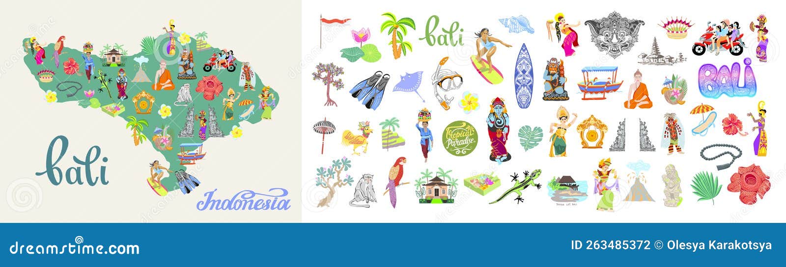 Set of 50 Bali Symbols in Flat Design with Bali Map, Indonesia Vector ...