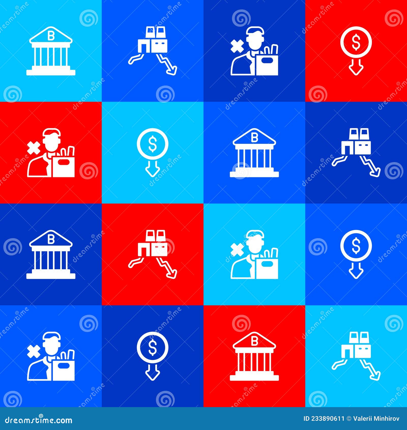 Set Bank Building, Shutdown of Factory, Employee Dismissal and Dollar Rate Decrease Icon. Vector ...