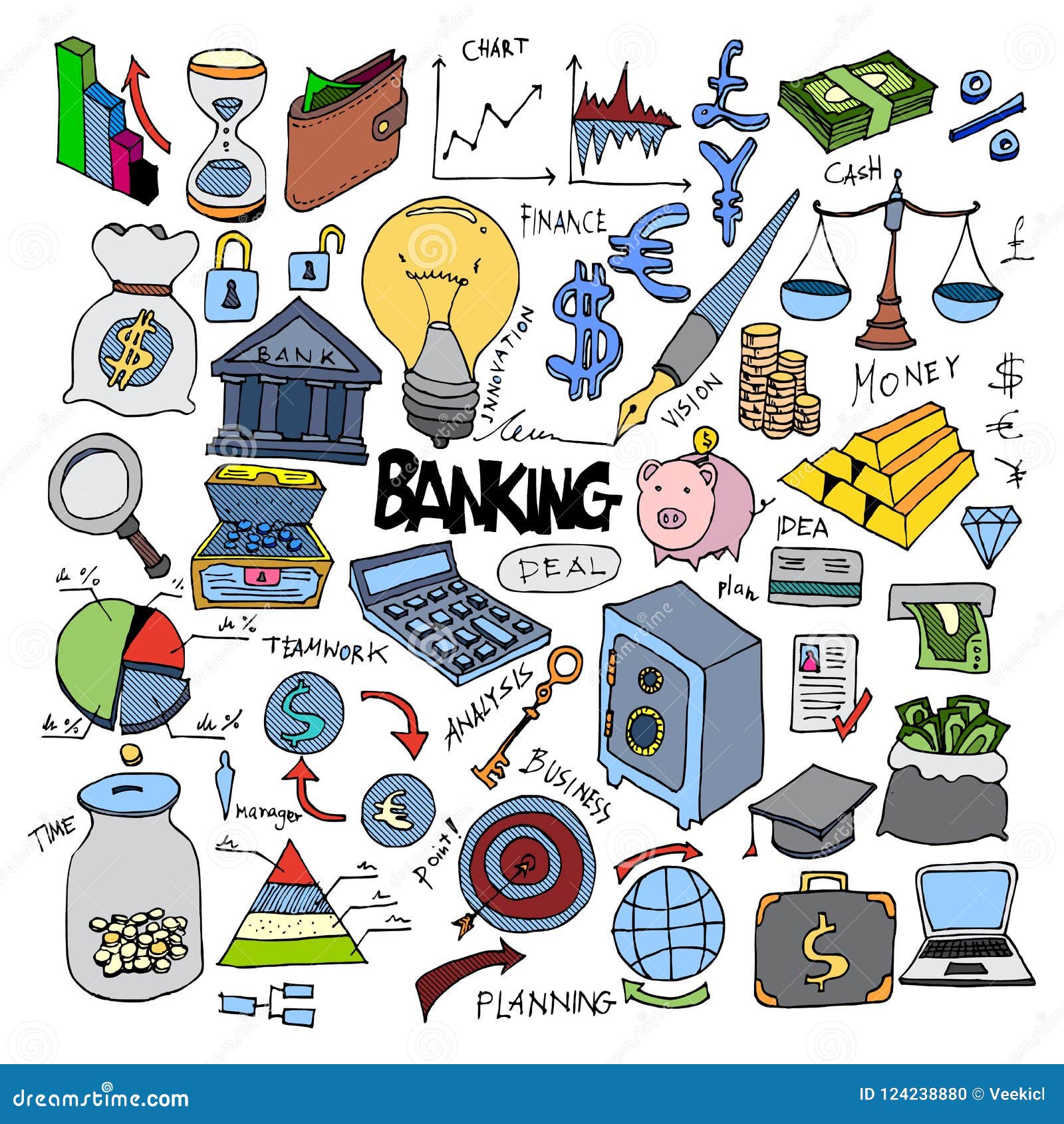 Set of Bank Doodle Vector. Creative Colour Art Hand Draw Illustration ...