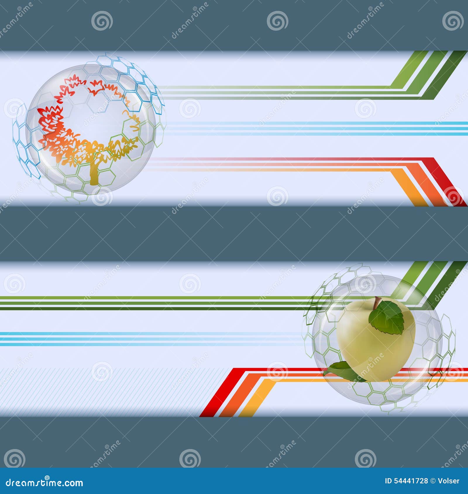 Set of Banners with Apple, Generic Tree Inside Glass Sphere Stock ...
