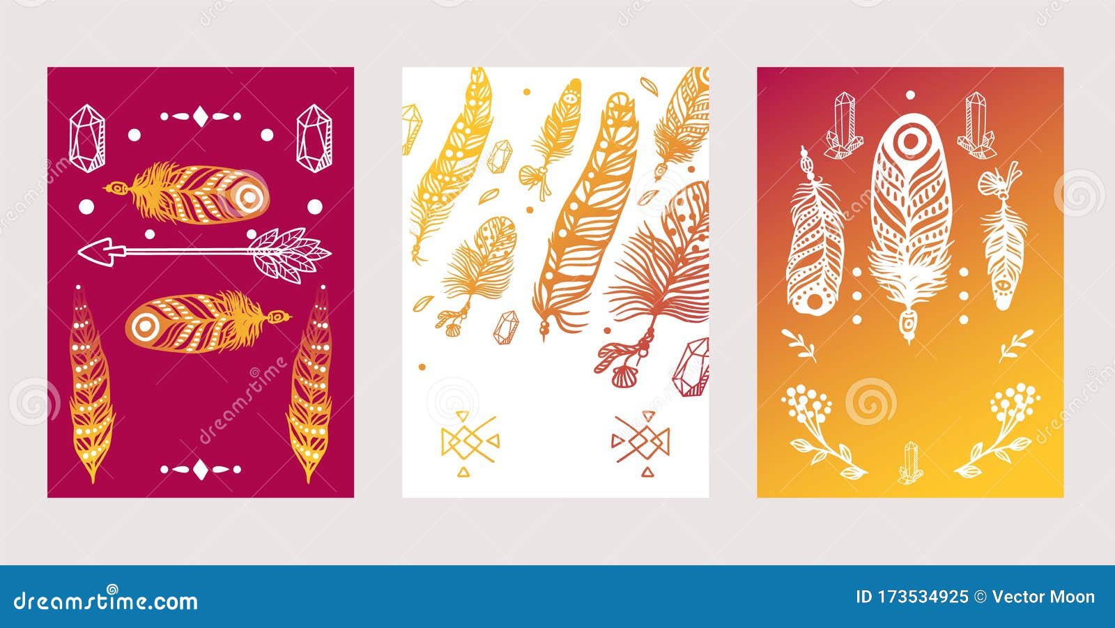Set of Banners with Feathers in Boho Style, Vector Illustration Stock ...
