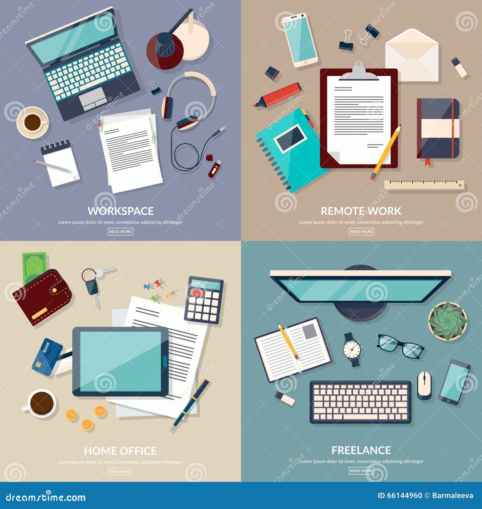 Set of 2x2 Banners of Home Workspace. Flat Design Vector Illustration ...