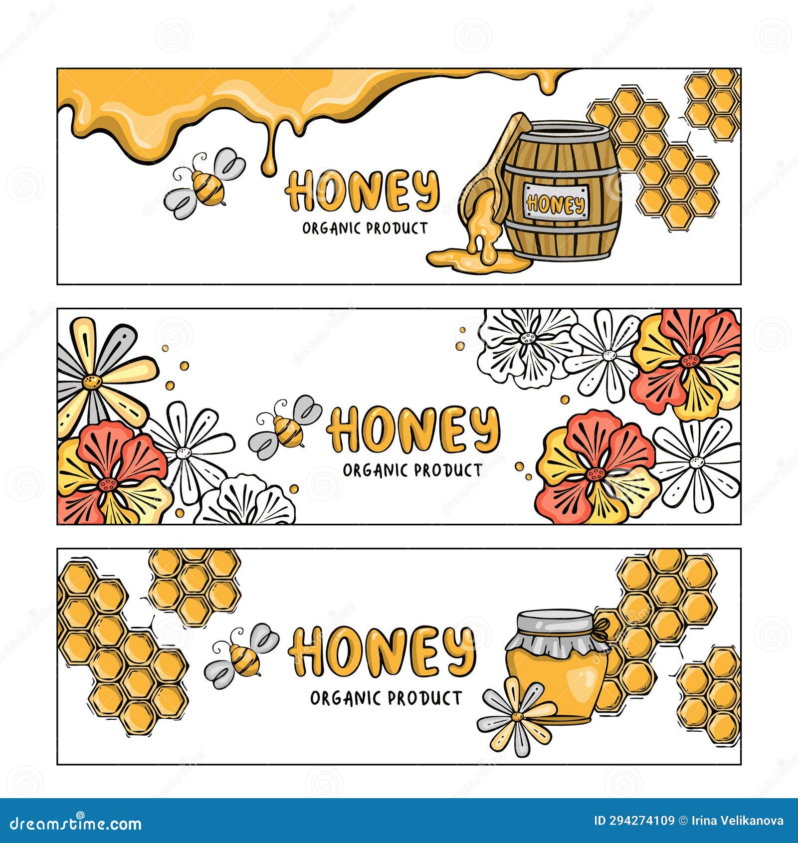 Set of Banners with Honey and Bees, Vector Illustration Stock Vector ...
