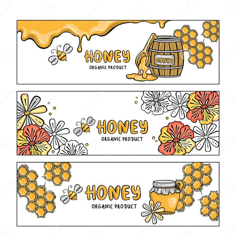 Set of Banners with Honey and Bees, Vector Illustration Stock Vector ...