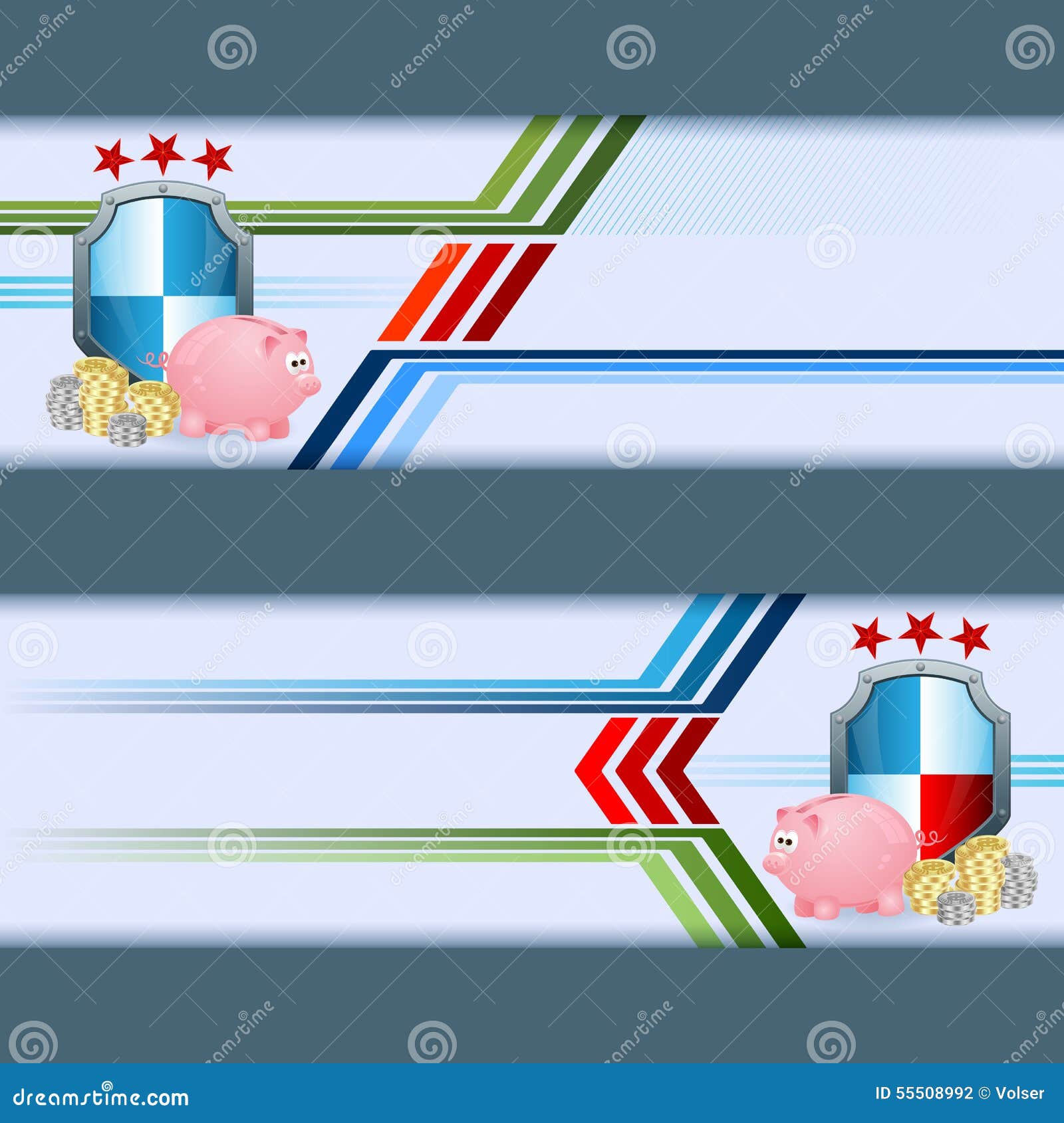 Set of Banners with Piggy Bank, Roll of Money and Security Shield Stock ...