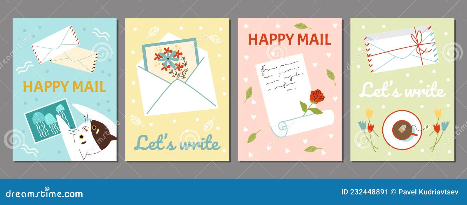 Set Banners with Letters and Postcards, Flat Cartoon Vector ...