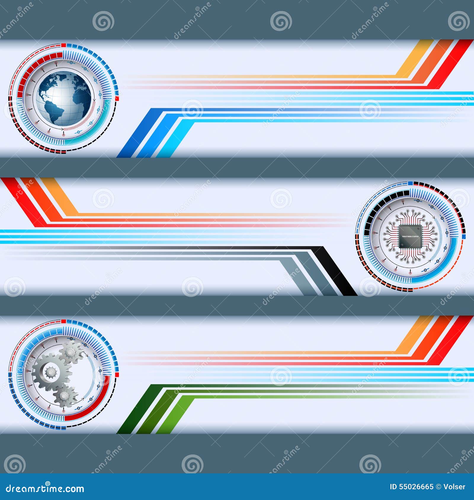 Set Of Banners With Processor Chip, Cogwheels, Earth Globe Cartoon ...