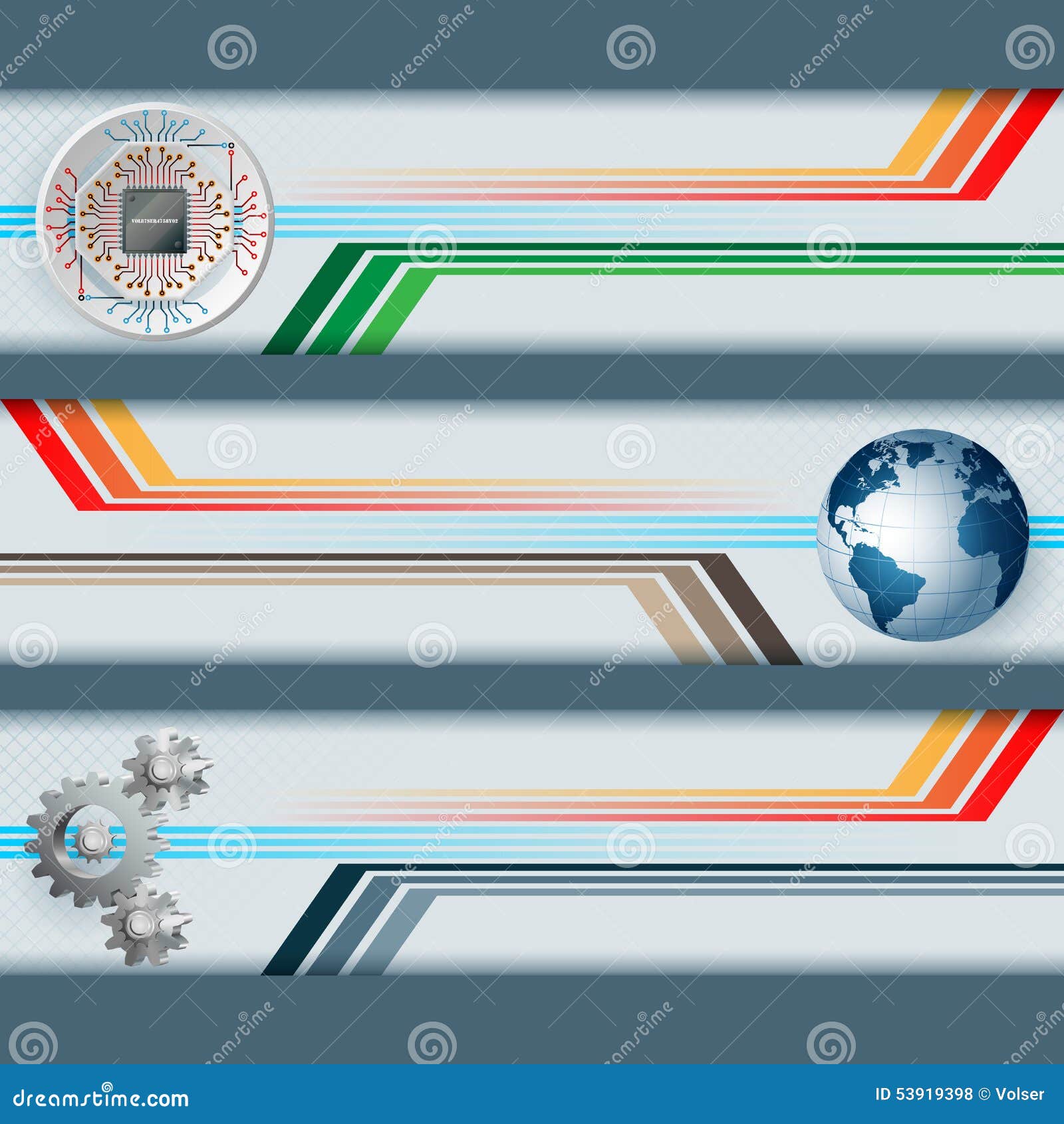 Set Of Banners With Processor Chip, Cogwheels, Earth Globe Cartoon ...