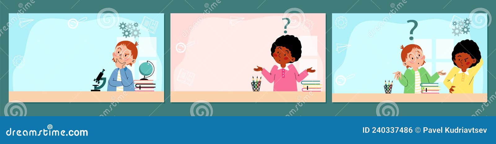 Set of Banners with Puzzled Confused School Children, Flat Vector ...