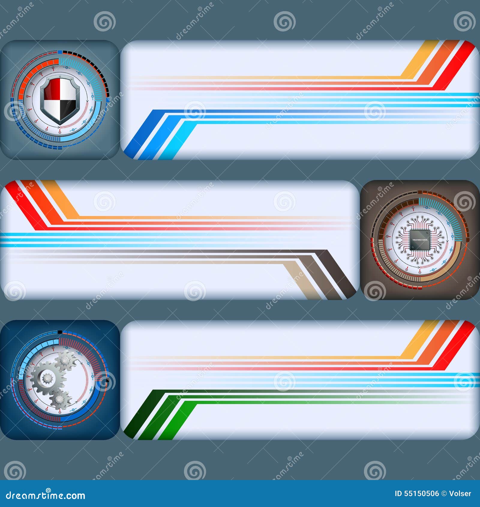 Set Of Banners With Security Shield, Processor Chip And Cogwheels ...