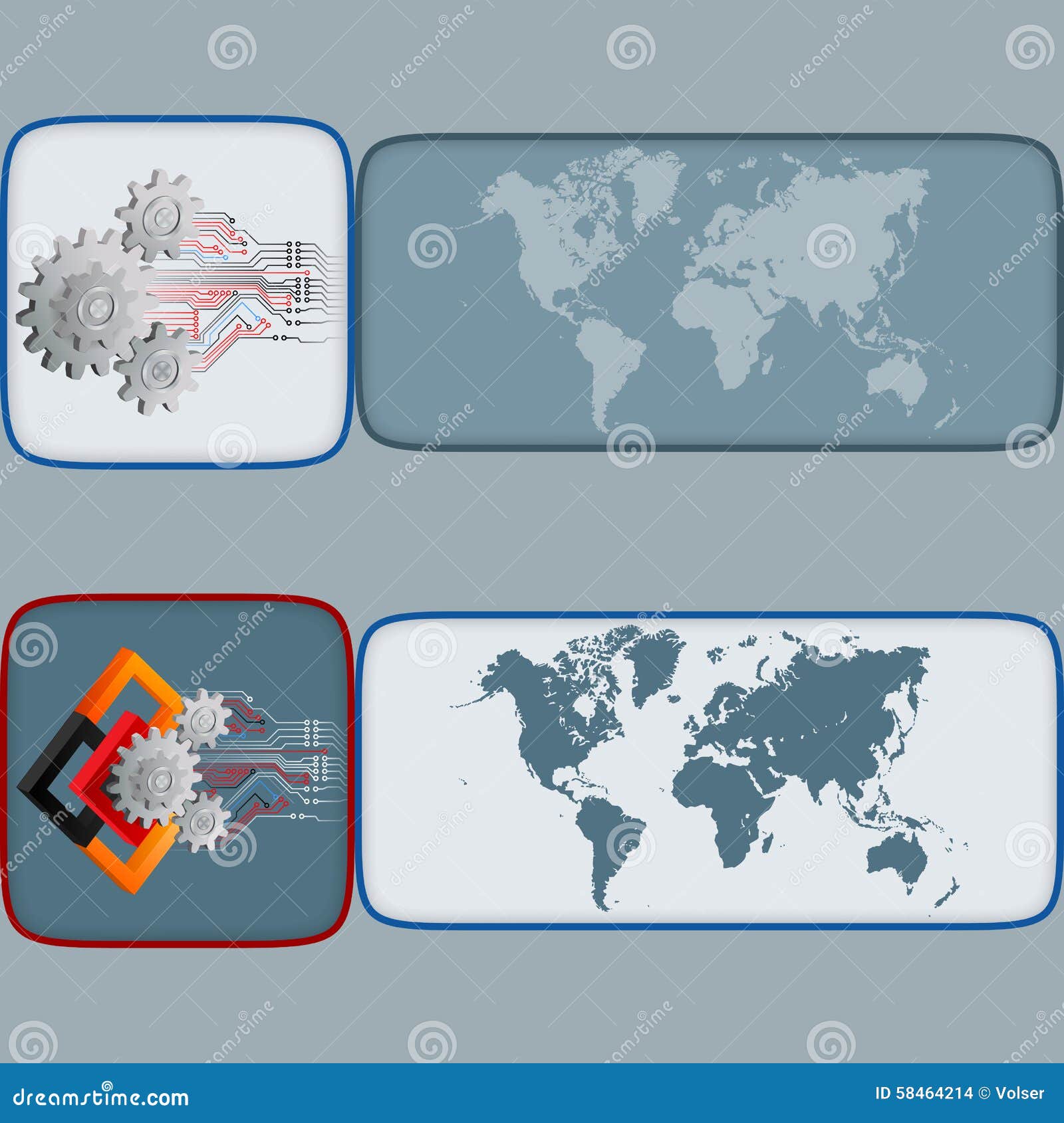 Set of Banners with World Map, Cogwheels, Squares and Electronic Stock ...