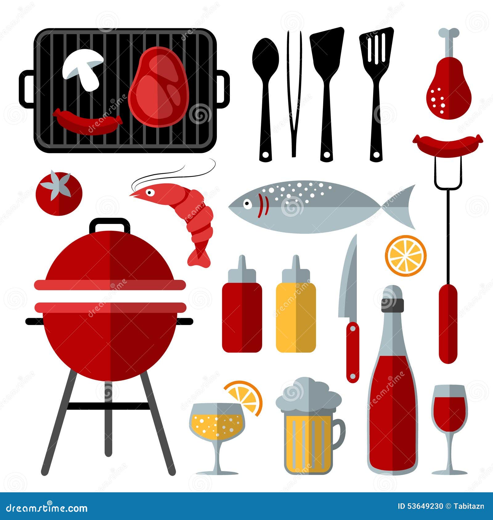 Set of Barbecue Food and Utensils Elements, Flat Design, Stock Vector - Illustration of ...