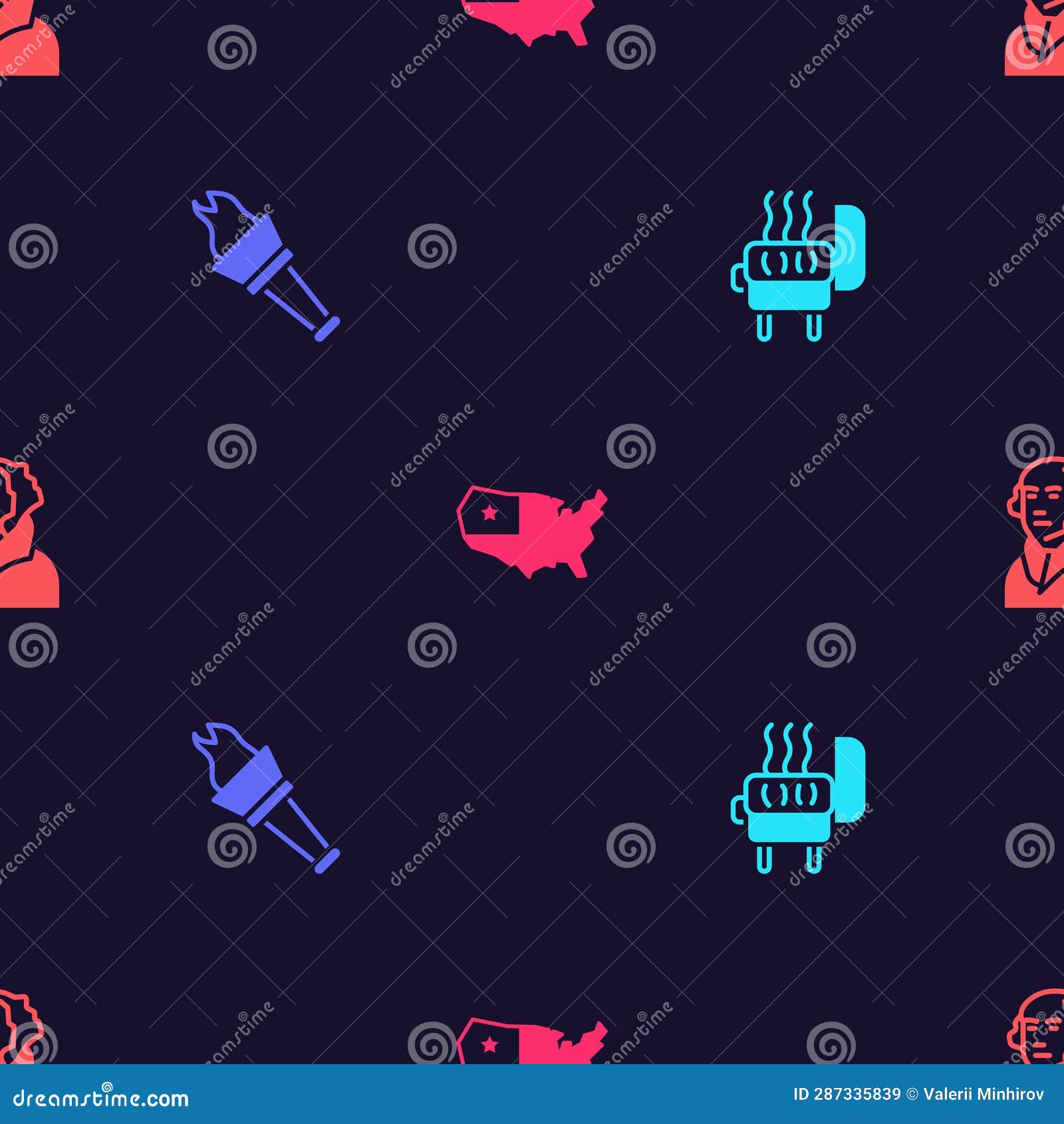 Set Barbecue Grill, Torch Flame, USA Map and George Washington on ...