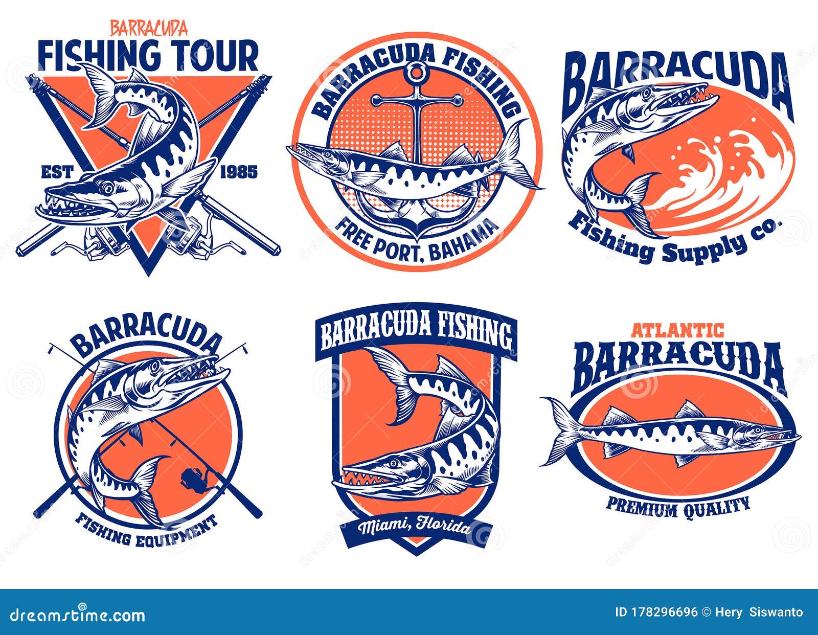 Set of Barracuda Fishing Badge Design Stock Photo - Image of dive ...