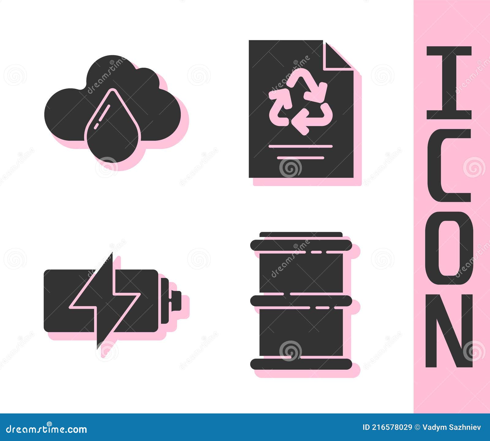Set Barrel, Cloud with Rain, Battery and Paper with Recycle Icon ...