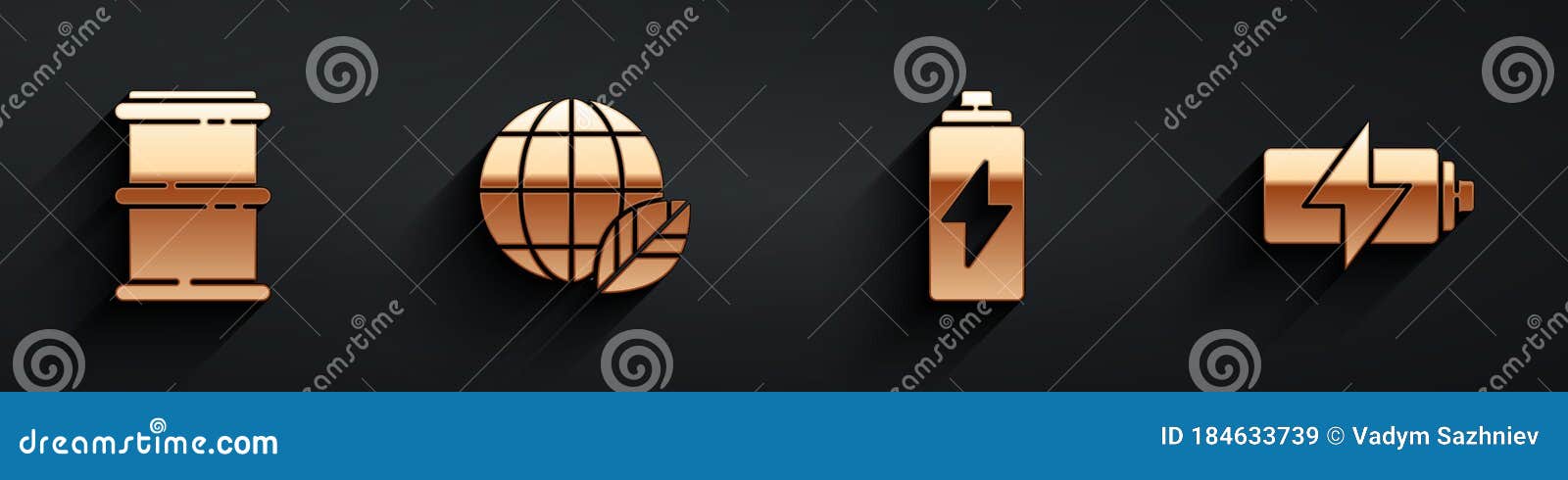 Set Barrel, Earth Globe and Leaf, Battery and Battery Icon with Long ...