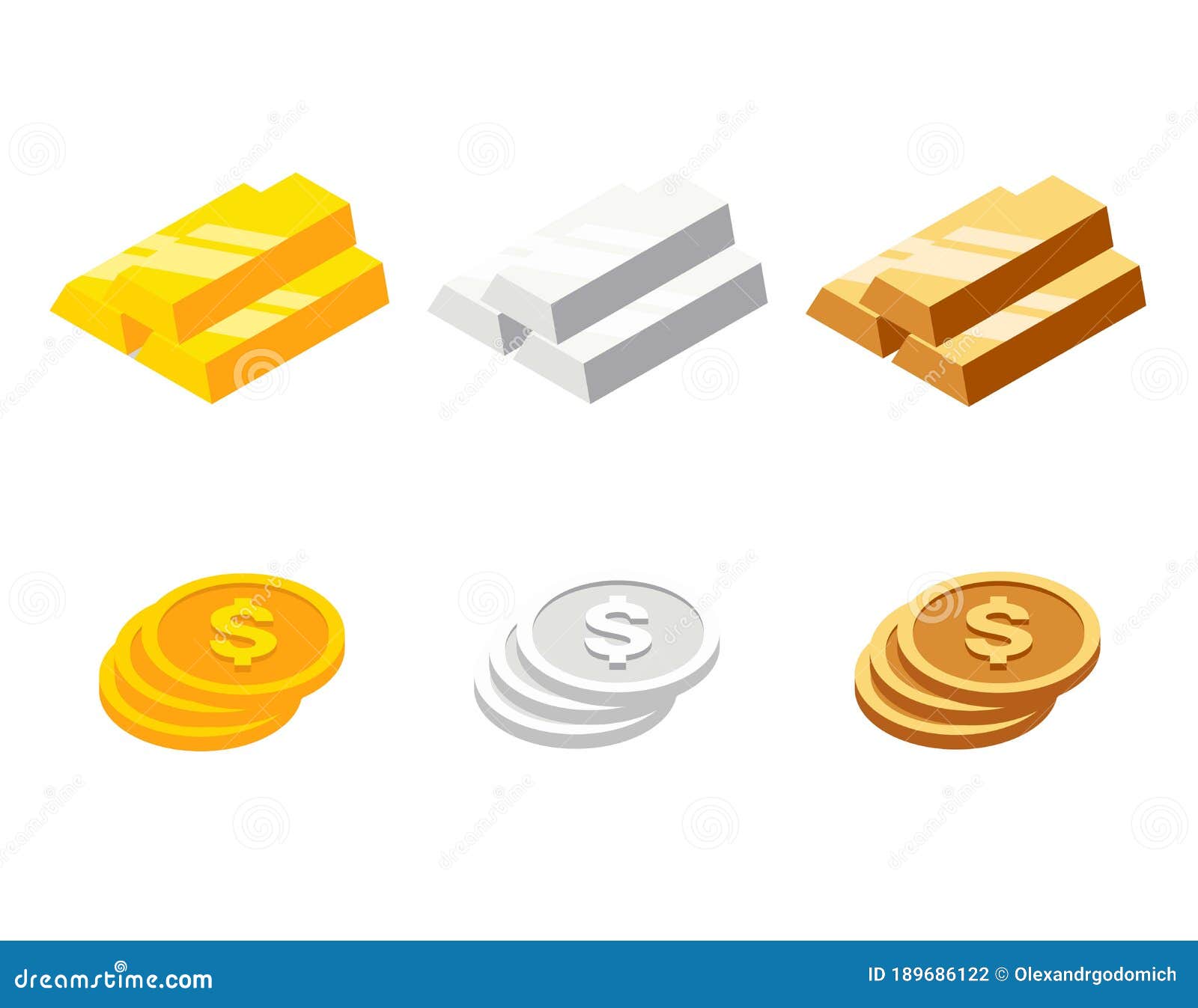 Set of Bars and Coins in Isometric Style. Gold, Silver and Bronze ...