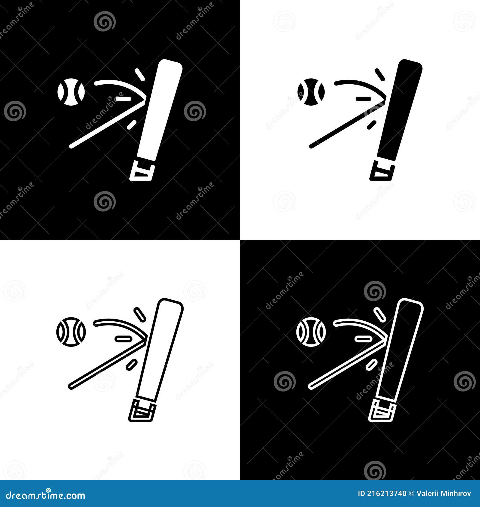 Set Baseball Bat with Ball Icon Isolated on Black and White Background ...