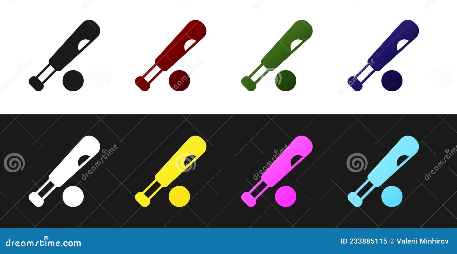 Set Baseball Bat with Ball Icon Isolated on Black and White Background ...