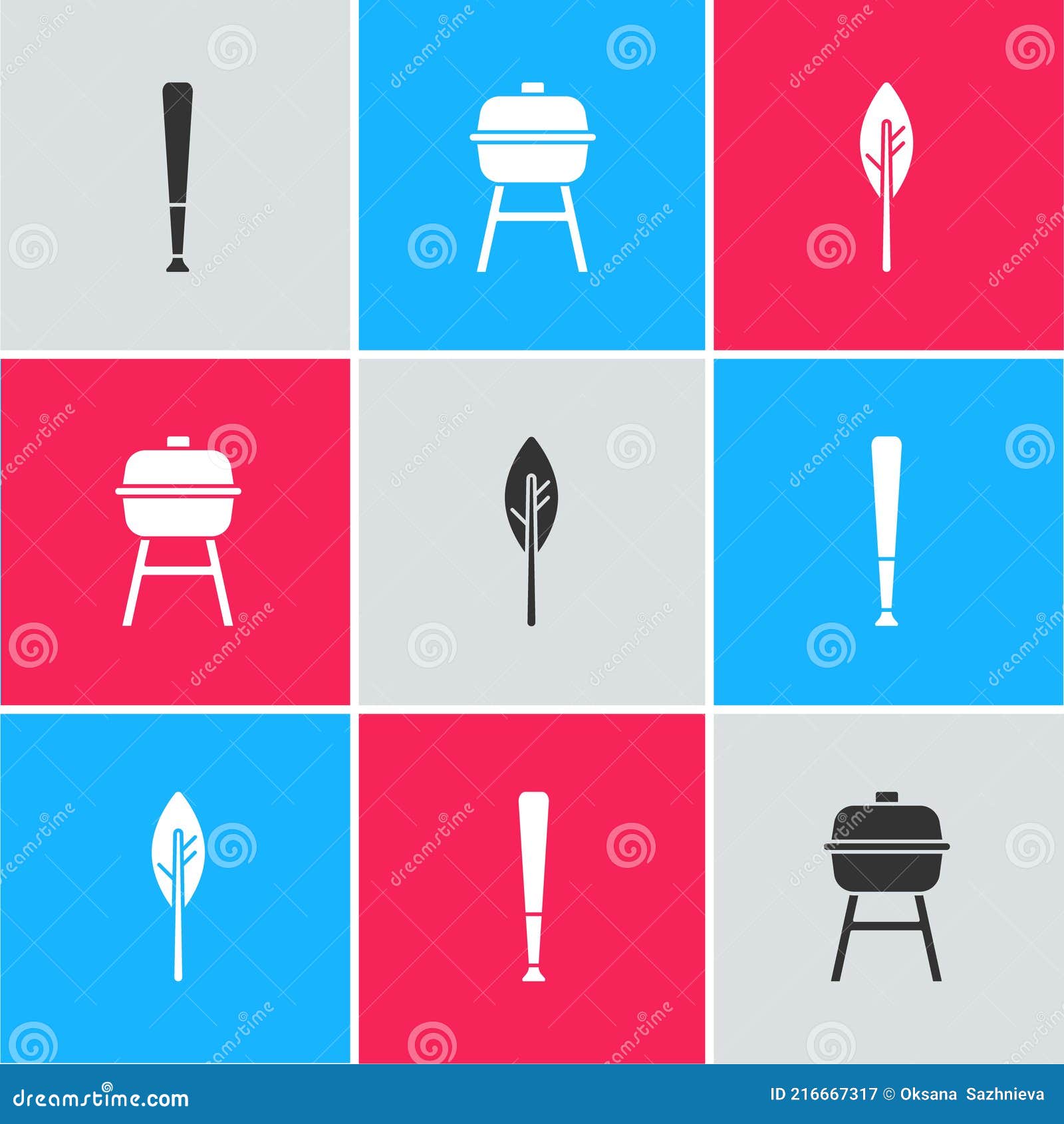 Set Baseball Bat, Barbecue Grill and Indian Feather Icon. Vector Stock ...