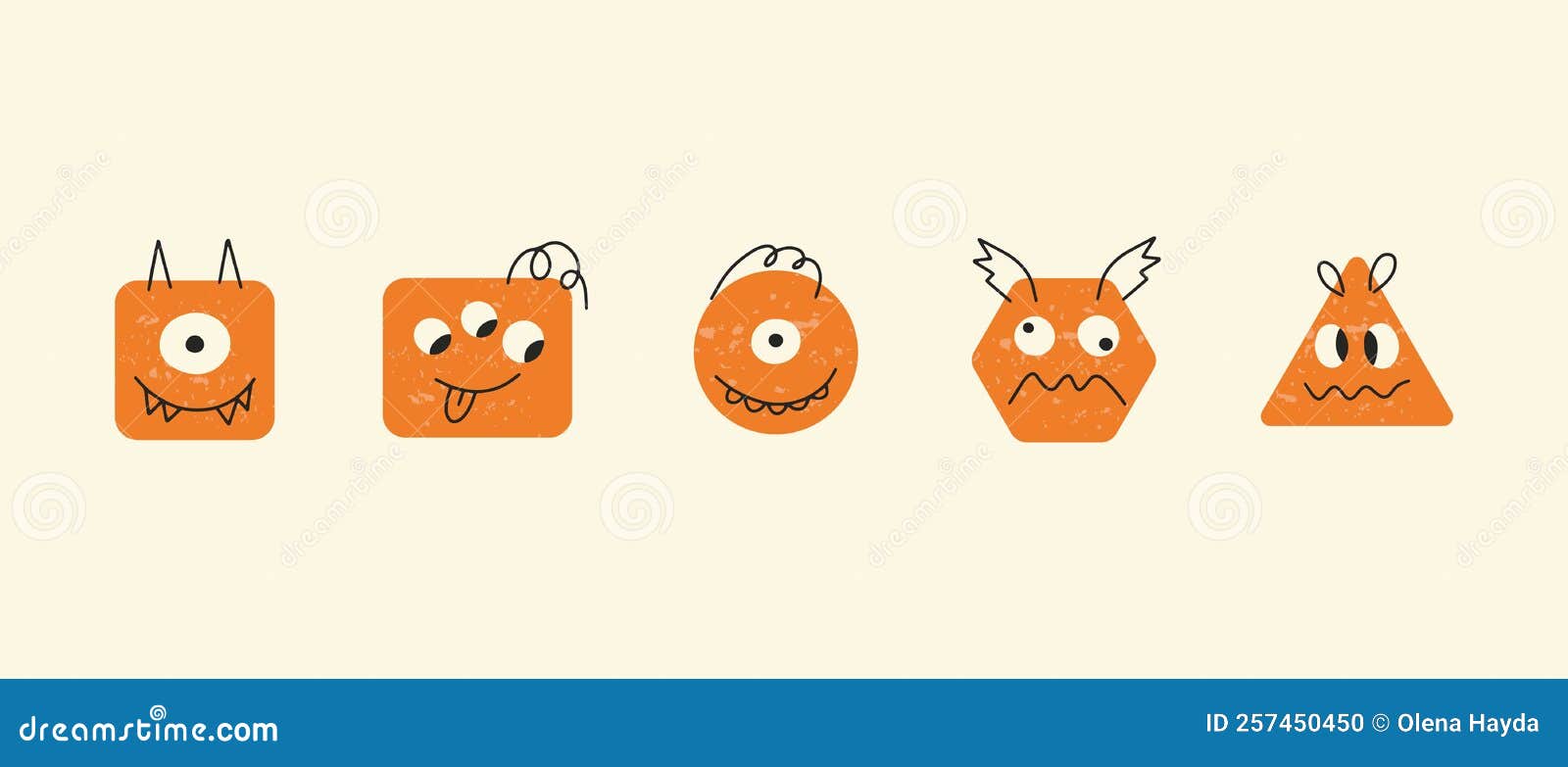 Set of Basic Geometric Figures with Cute Monster Faces.Hand Drawn ...