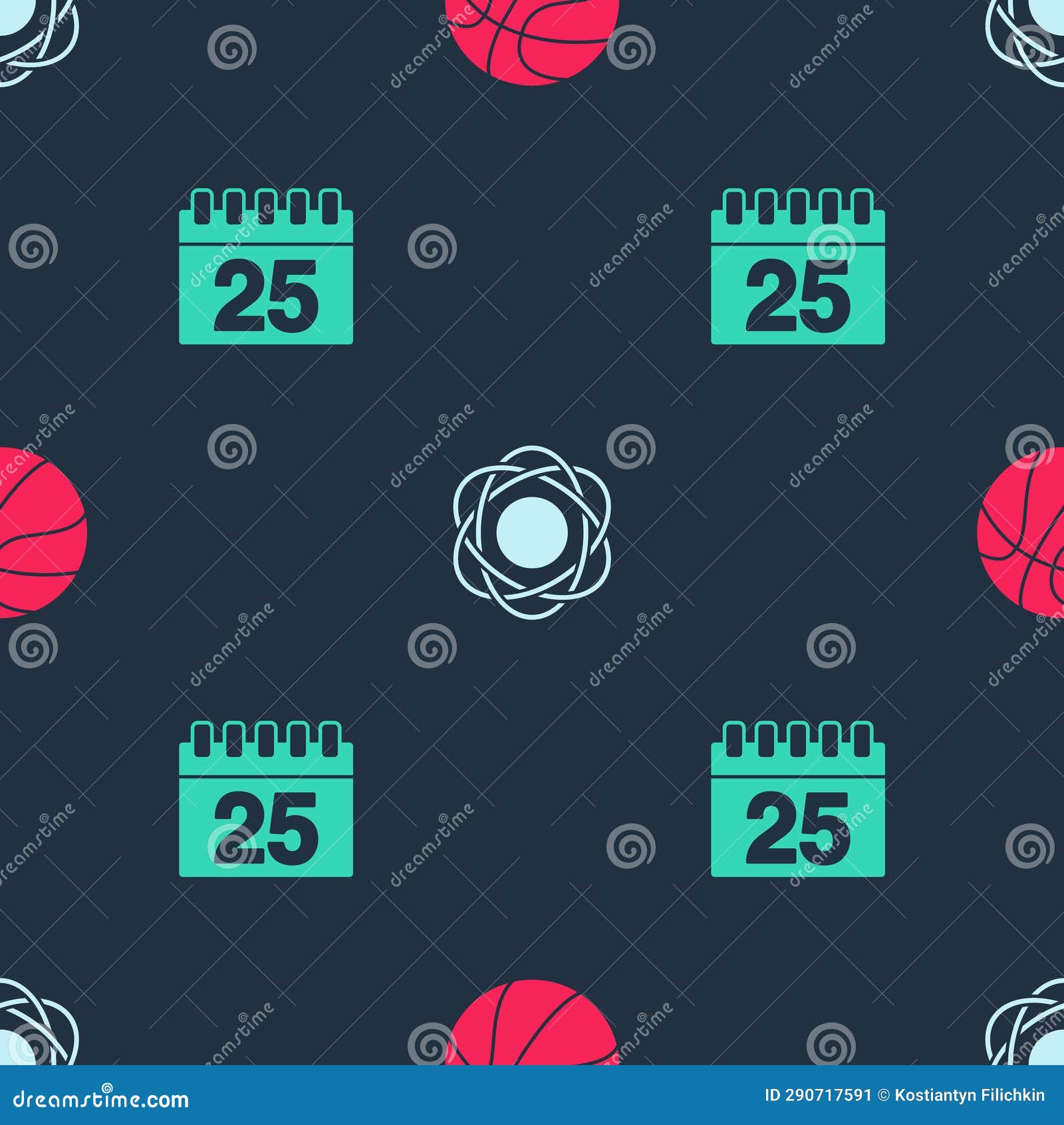 Set Basketball Ball, Atom and Calendar on Seamless Pattern. Vector ...